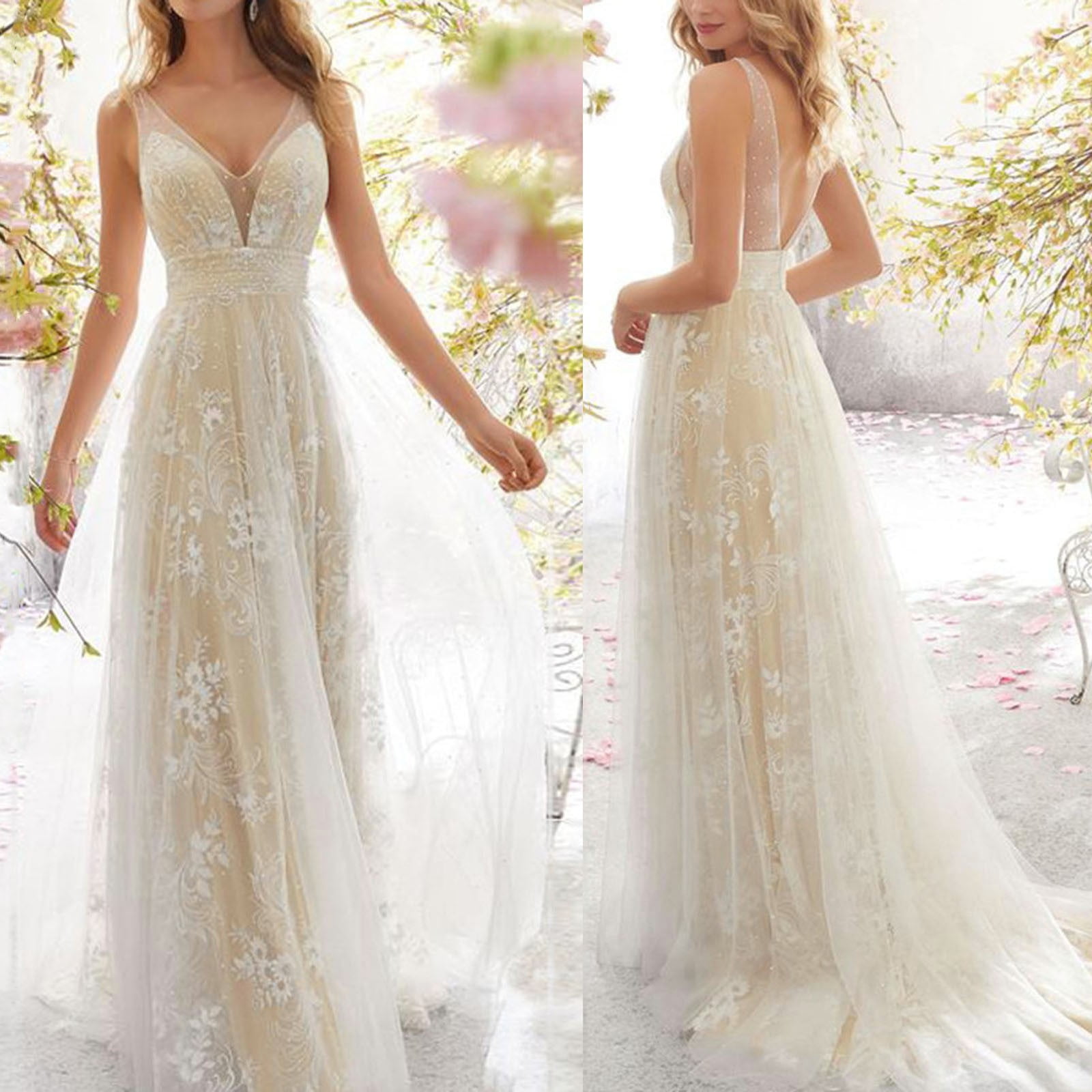 Women's Elegant Wedding Dress Embridery V-Neck Evening Dress Bridal ...