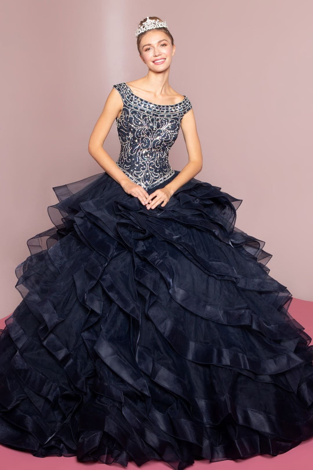 Women's Elizabeth K Jeweled Cap Sleeve Ball Gown Gl1600 Navy Blue Size ...