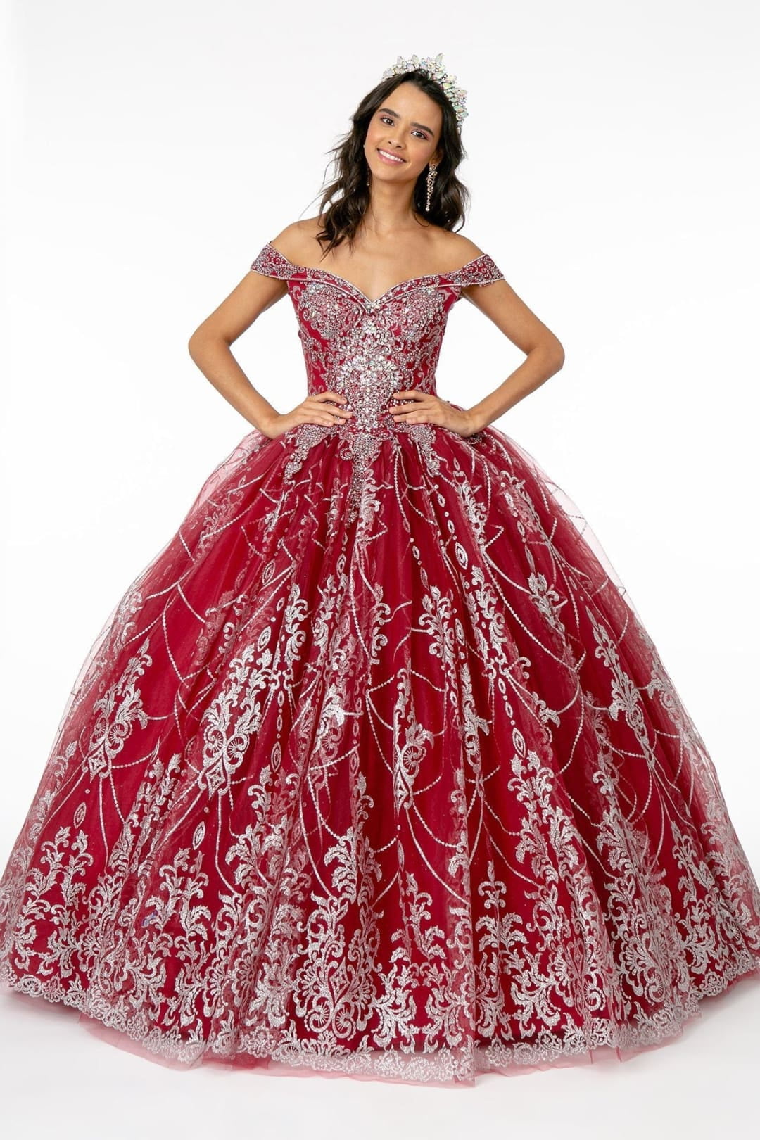 Women's Elizabeth K Off Shoulder Glitter Gown Gl2910 Burgundy Size 2XL ...