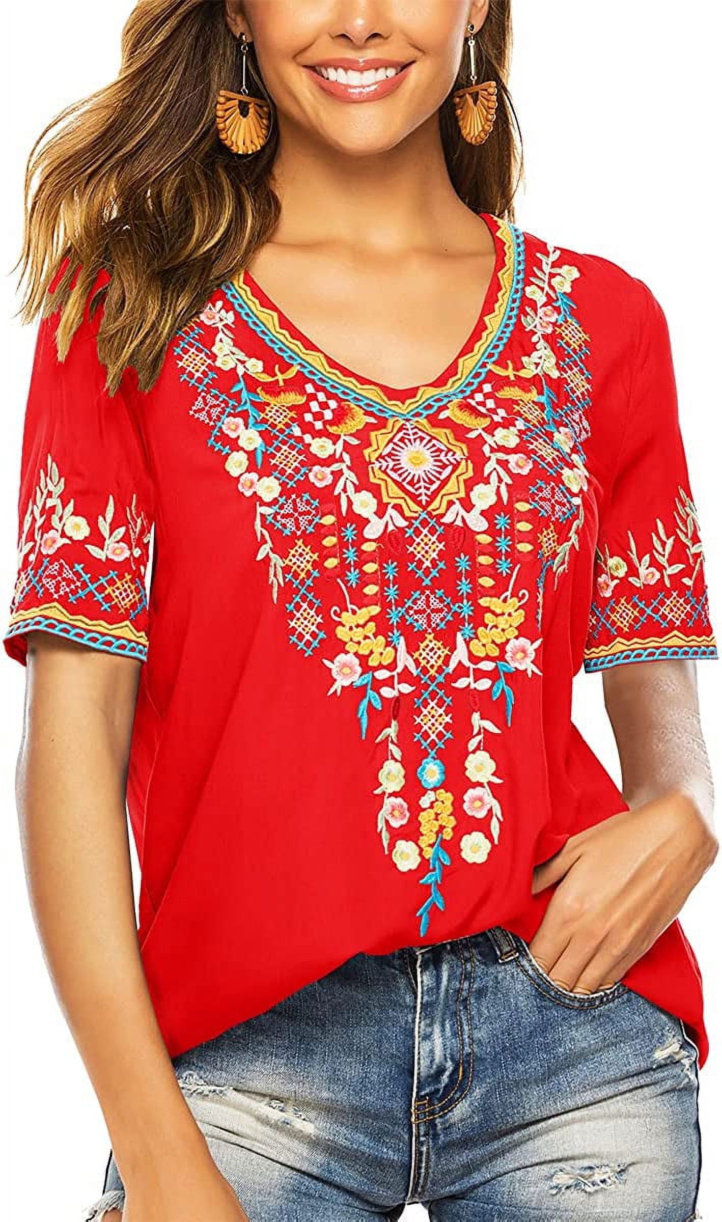 Women’s Emboridered Tops Short Sleeve Blouse Ethnic Style Floral ...