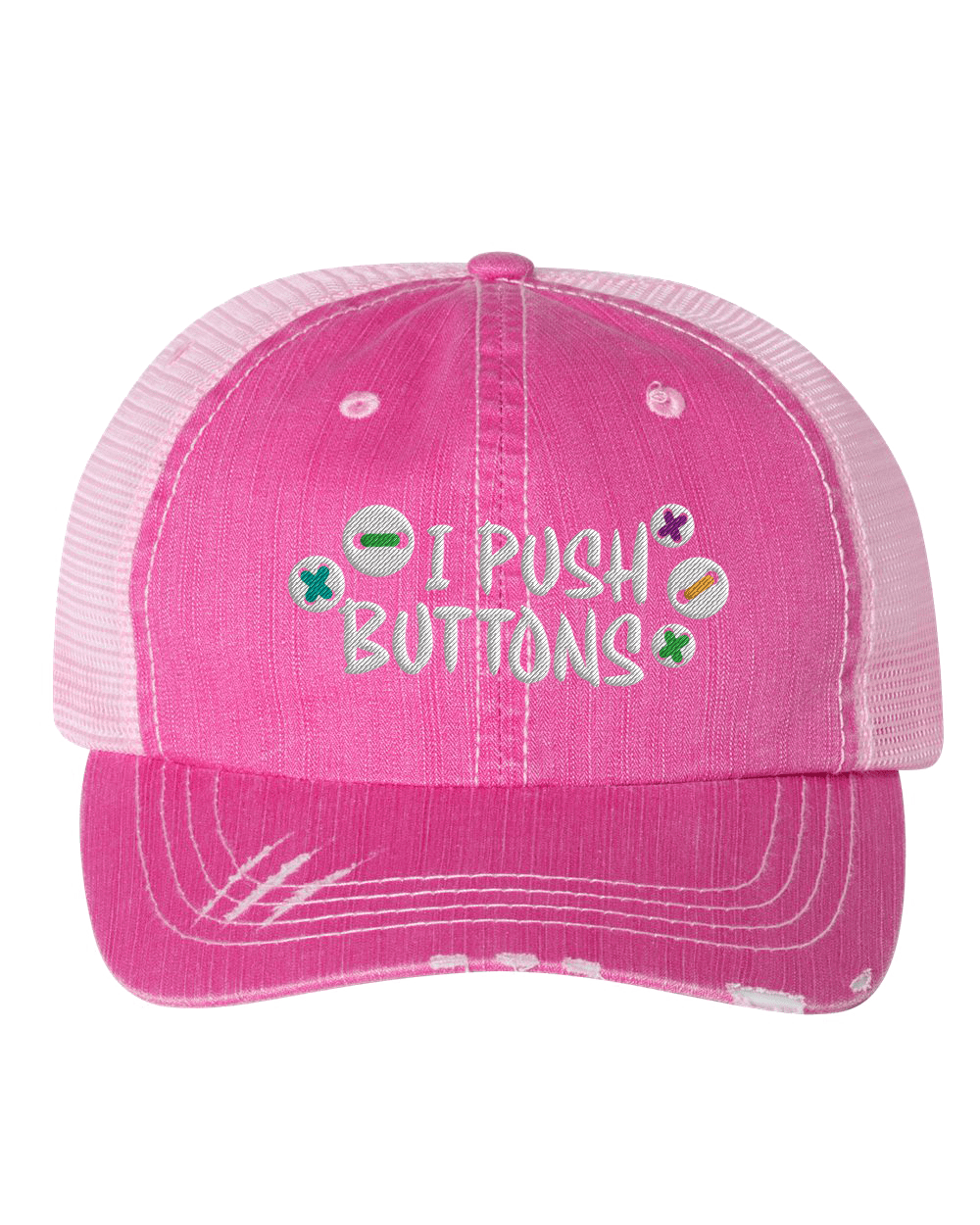 Women's Embroidered I Push Buttons Distressed Baseball Cap, Pink ...