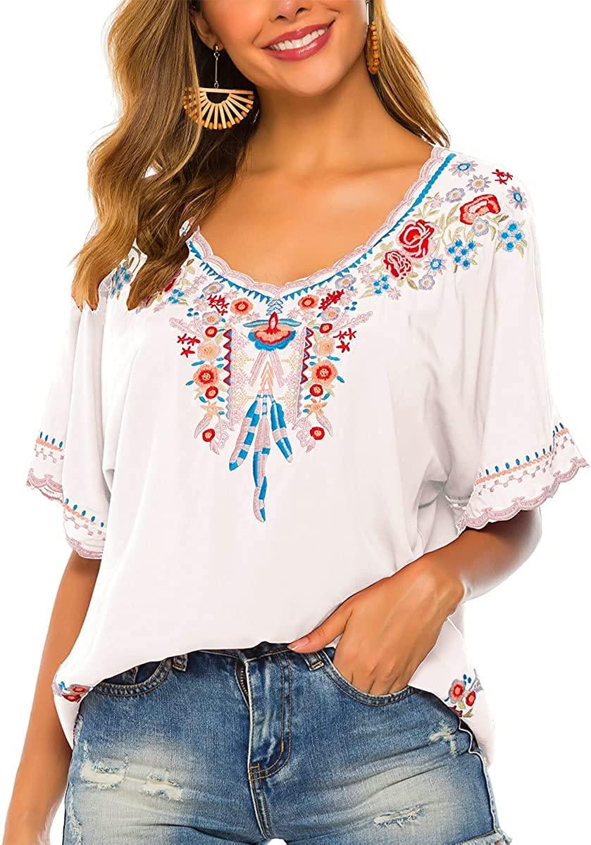 Women's Embroidered Tops Short Sleeve Shirts Traditional Pattern of ...