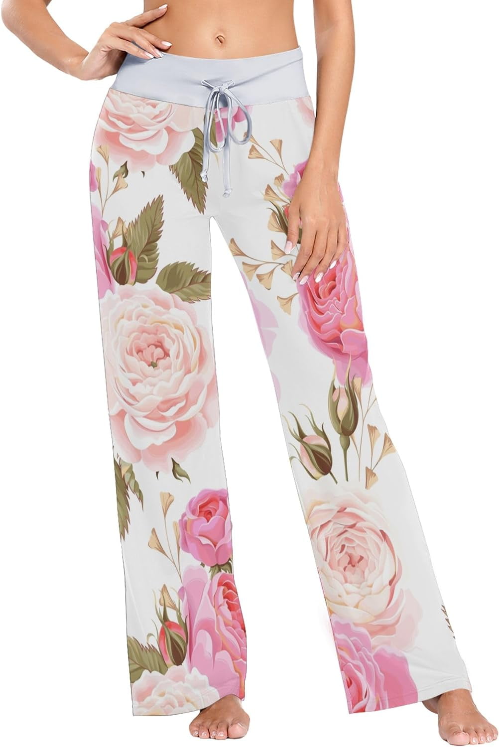 Women's English Pink Roses Pajama Pants, Casual Pajama Bottoms Lounge ...