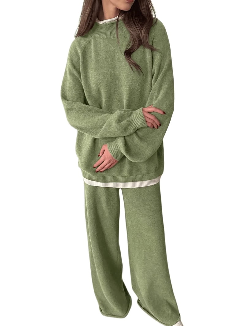 Women's European Loose Wool Blend Knit Two Piece Outfit Sweater Wide ...