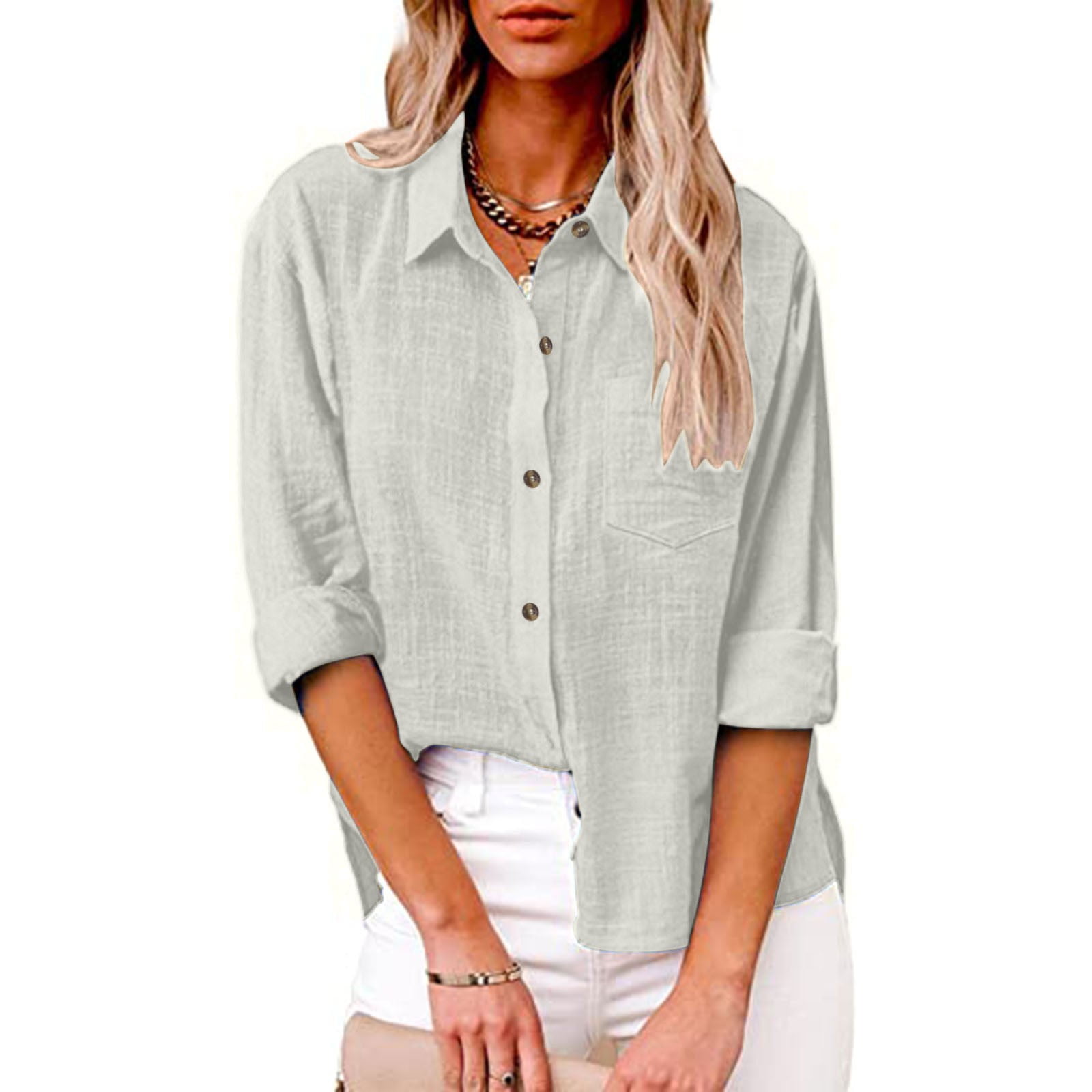 Women's Everyday Button-Down Shirt, Long Sleeve Loose Fit Top with Soft Textured Fabric ...