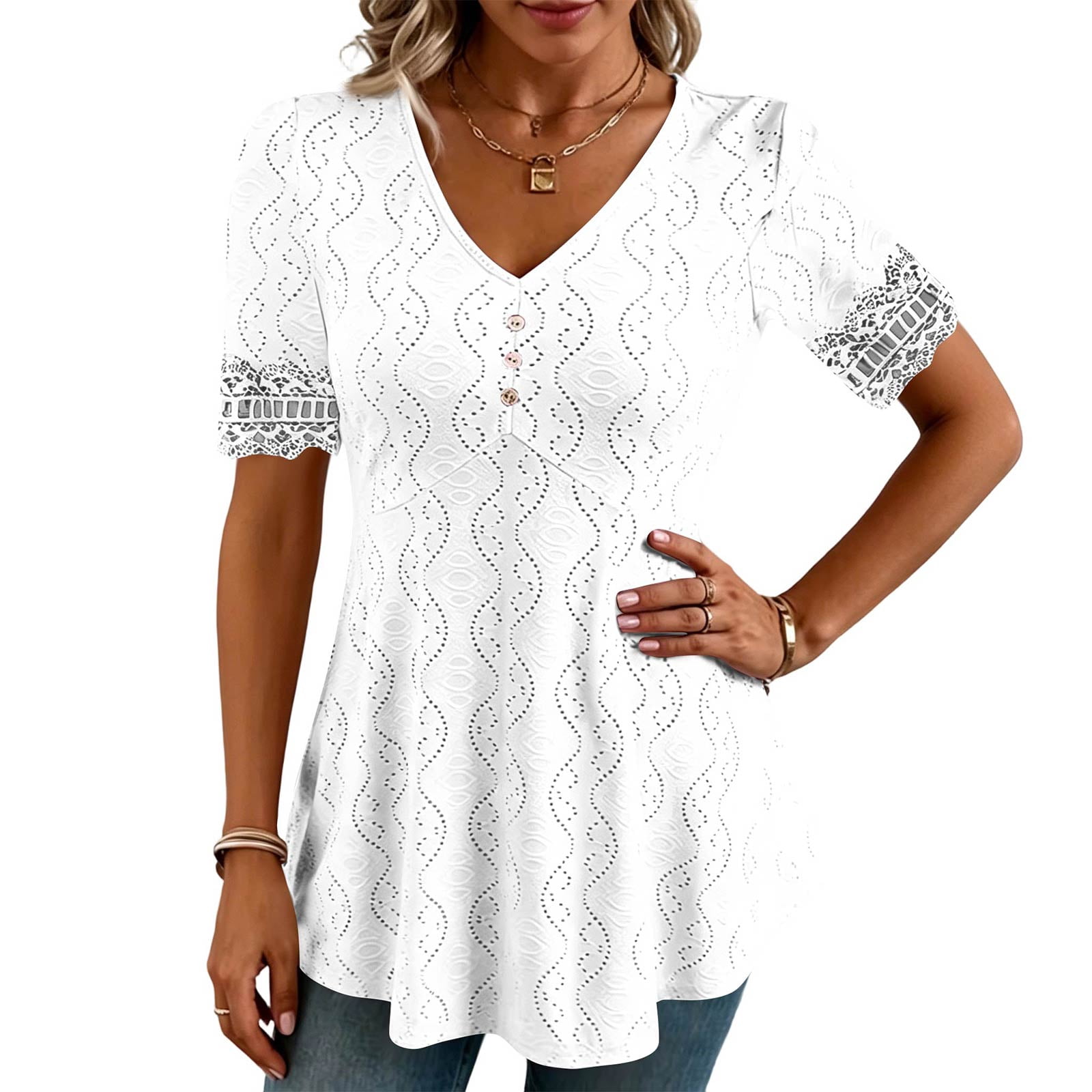 Women's Eyelet Embroidery Tunic Top V Neck Button Decor Flared Hem ...