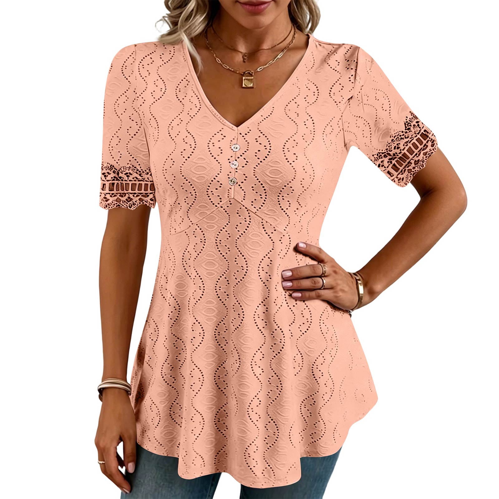 Women's Eyelet Embroidery Tunic Top V Neck Button Decor Flared Hem ...