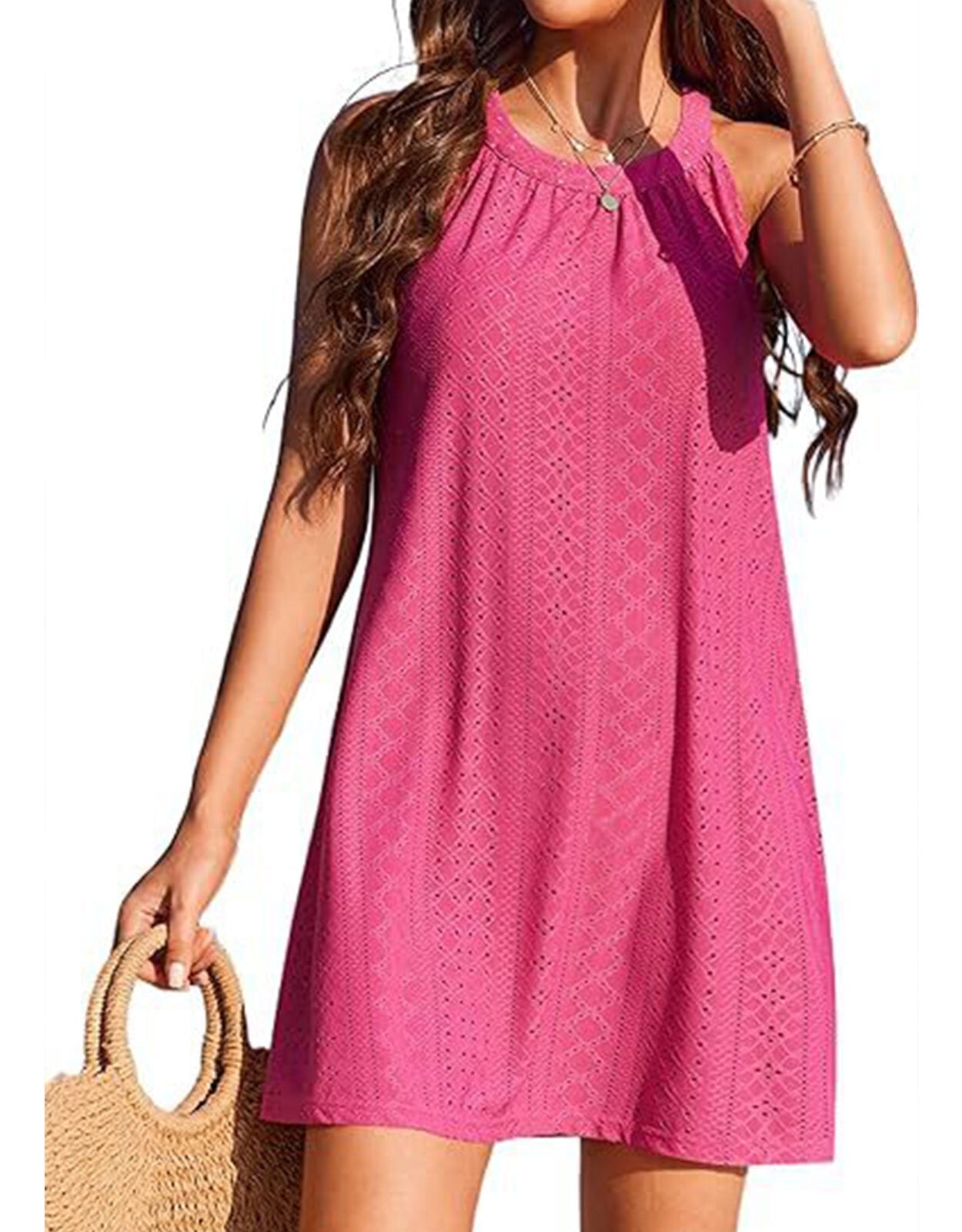 Women's Eyelet Swimsuit Cover Up Pleated Front Halter Dress Sleeveless ...