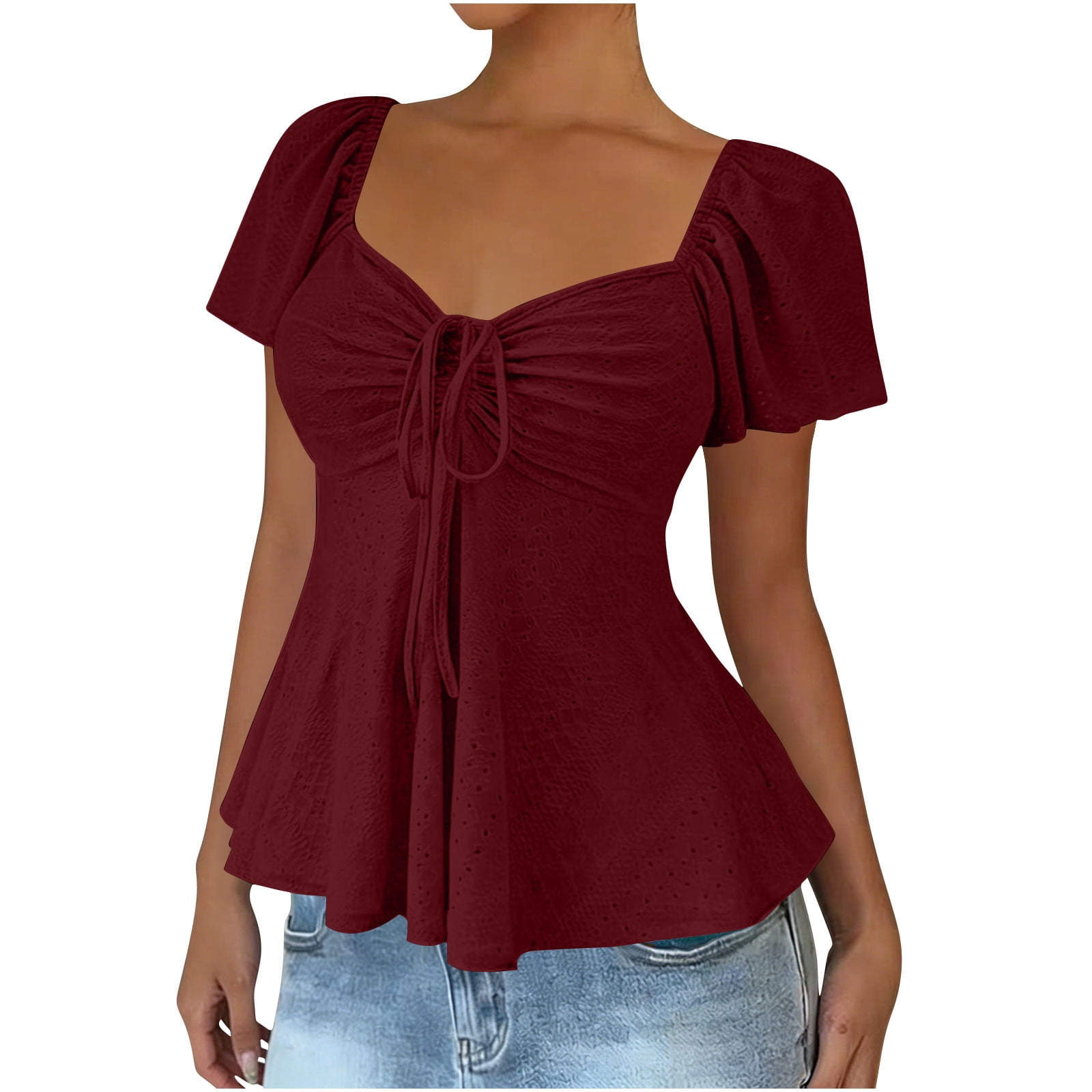 Women's Eyelet Tops Fitted Babydoll Tee Shirt Flutter Short Sleeve Tie ...