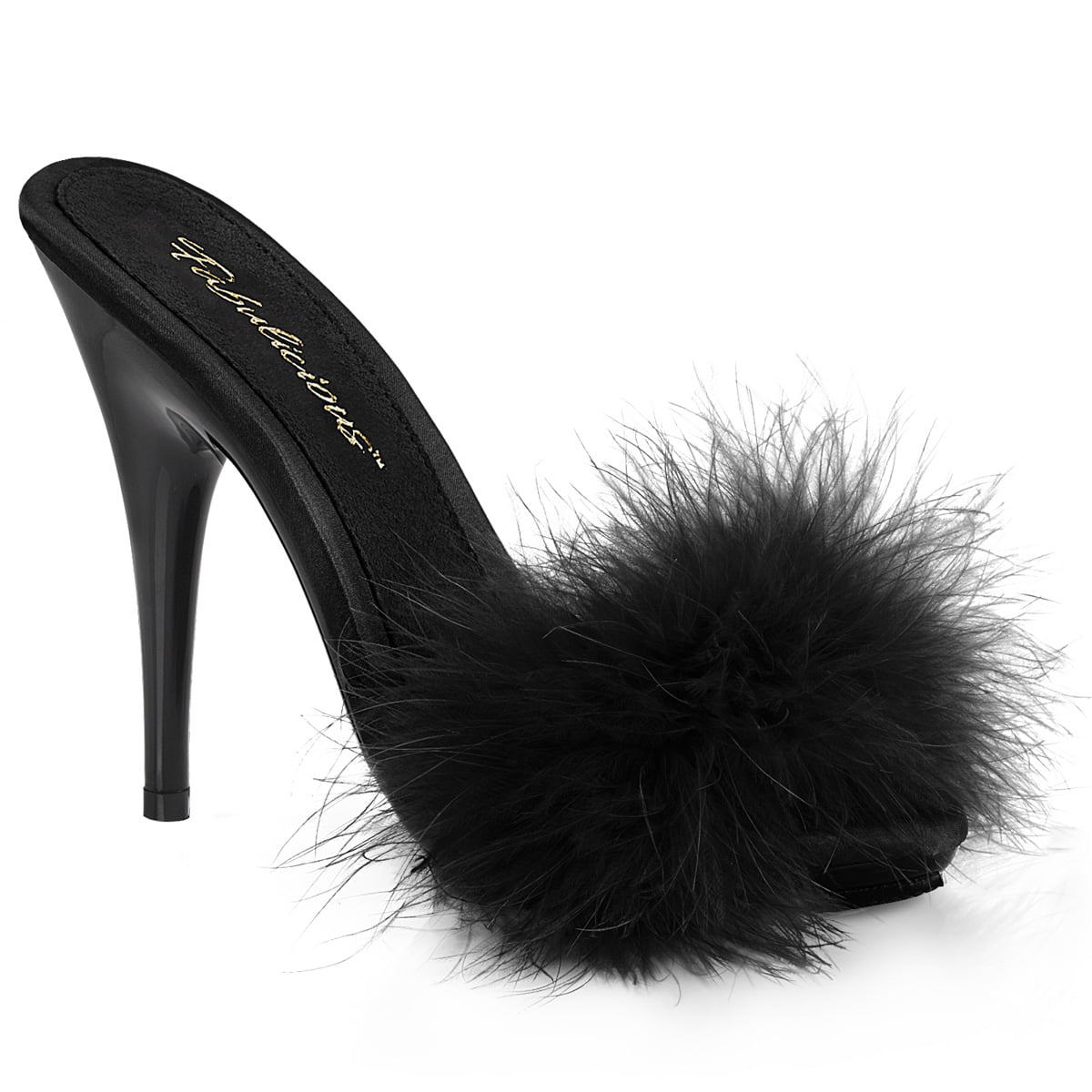 5" Heel, 3/8" PF Marabou Slide Sandal - Blk Satin-Marabou Fur/Blk, 11 ...