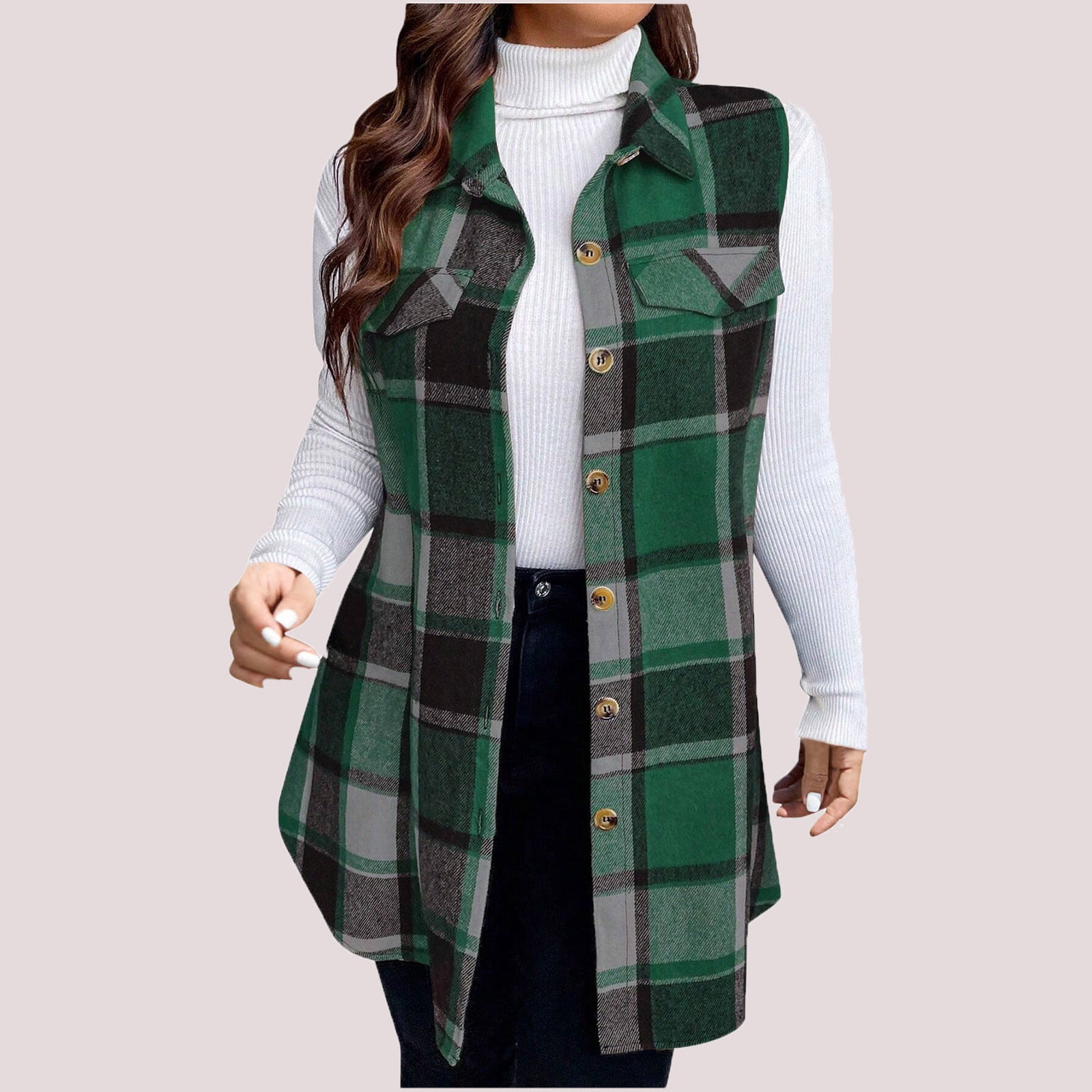 Women's Fall Flannel Plaid Vests Tops Oversized Sleeveless Long Coat ...