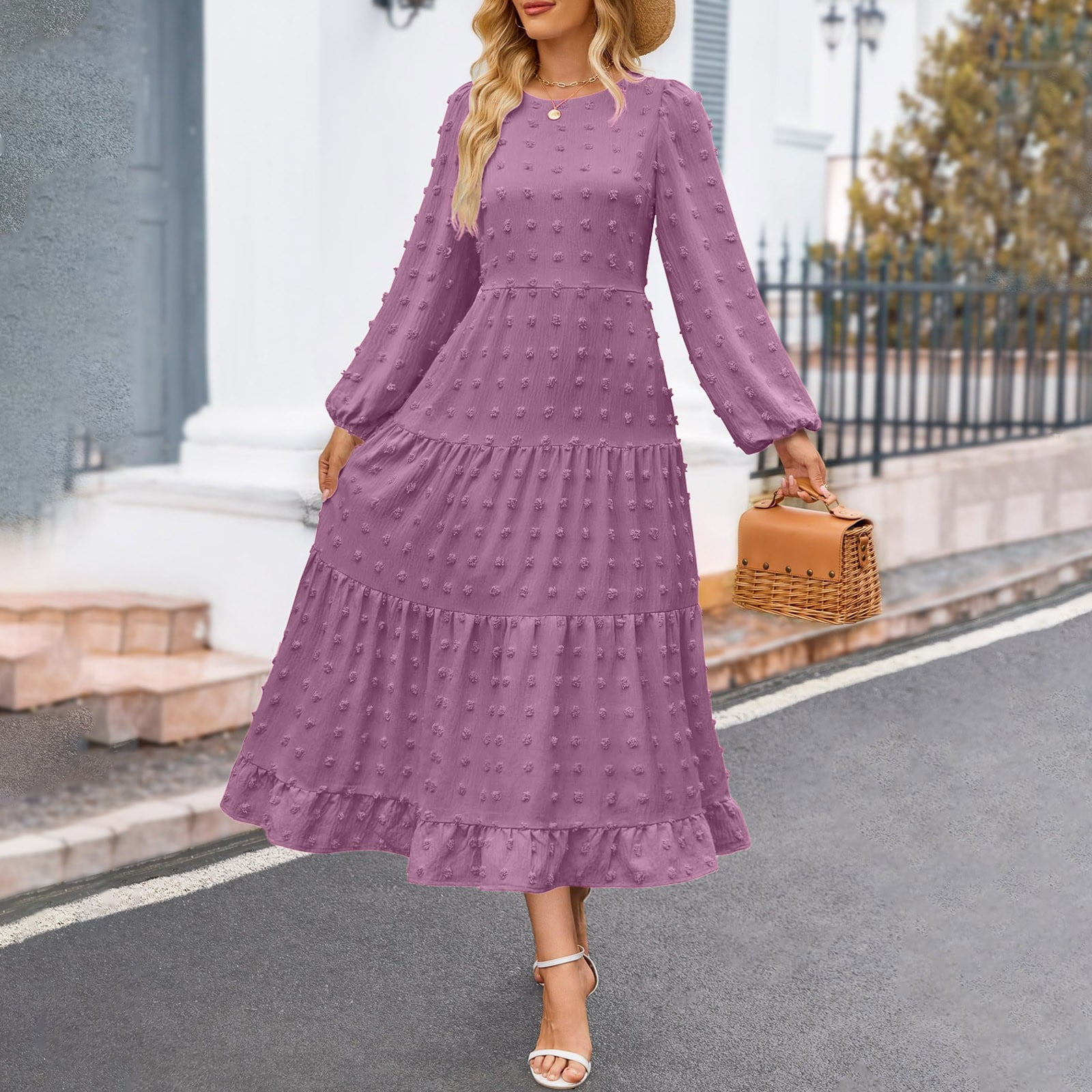 Women's Fall Long Sleeve Maxi Dresses 2024 Casual Crew Neck Dot Tiered ...