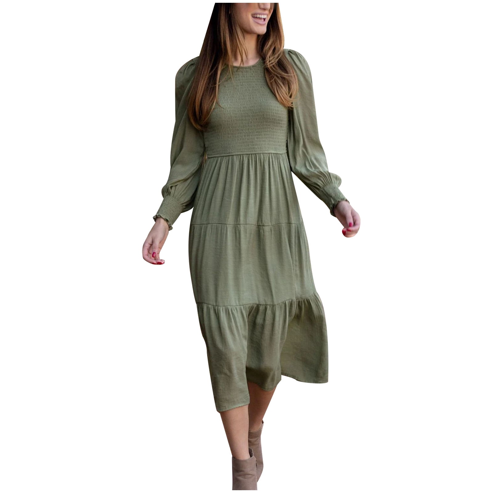 Women's Fall Spring Dresses Crewneck Long Sleeve Ruffle Tiered Boho ...