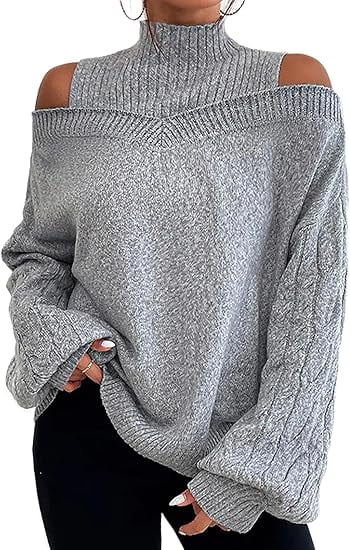 Women's Fall Turtleneck Cold Shoulder Sweater Casual Oversized Off ...