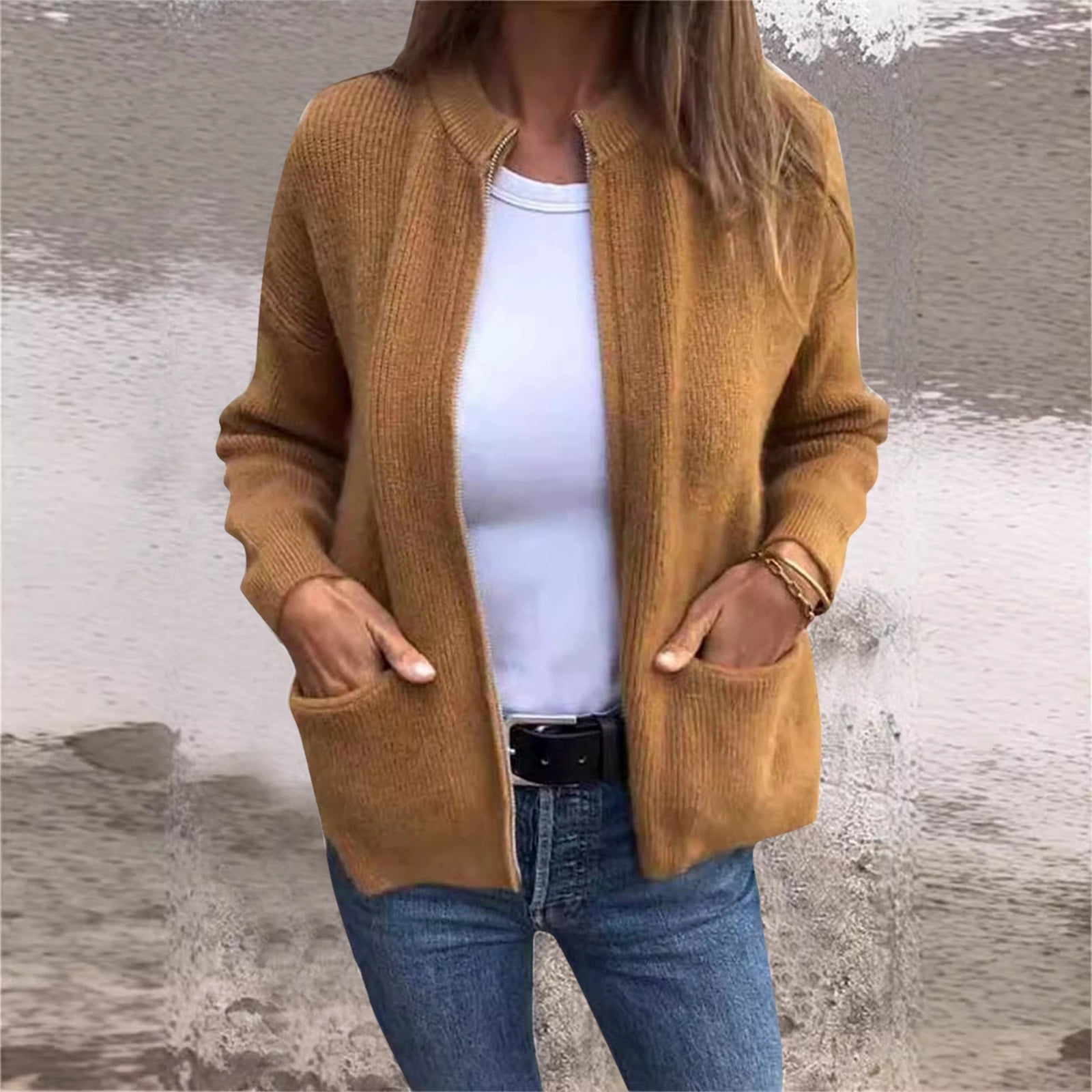 Women’s Fall Winter Casual Stylish Solid Color Pocket Cardigan Jacket ...