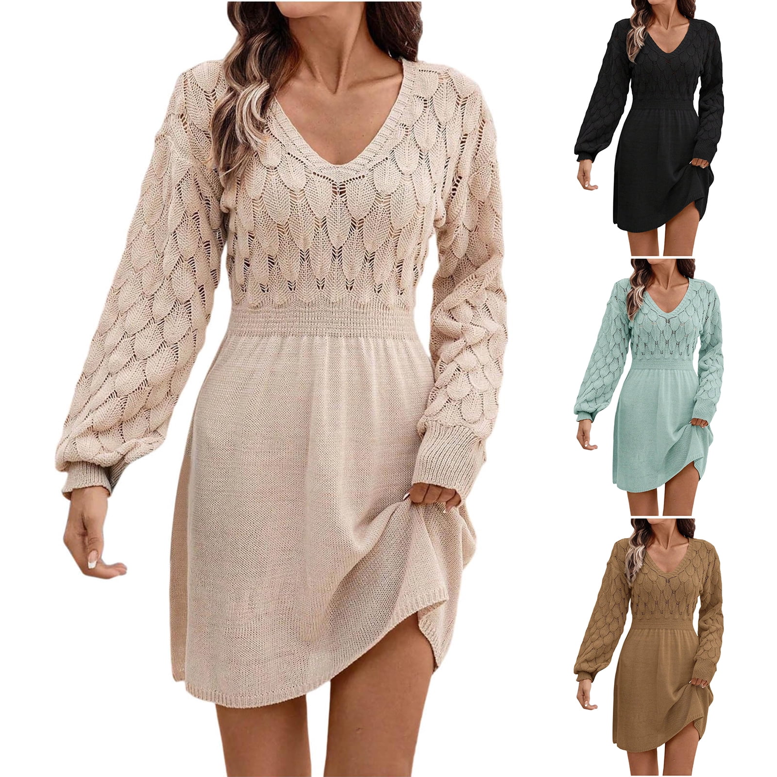 Women's Fall Winter Casual V-Neck Lace Openwork Scale Texture Solid ...