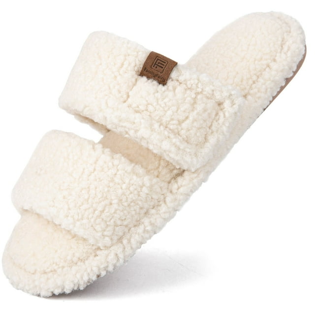 Women's FamilyFairy Open Toe Slippers Adjustable Memory Foam House Shoes Faux Fur Fuzzy Slide ...