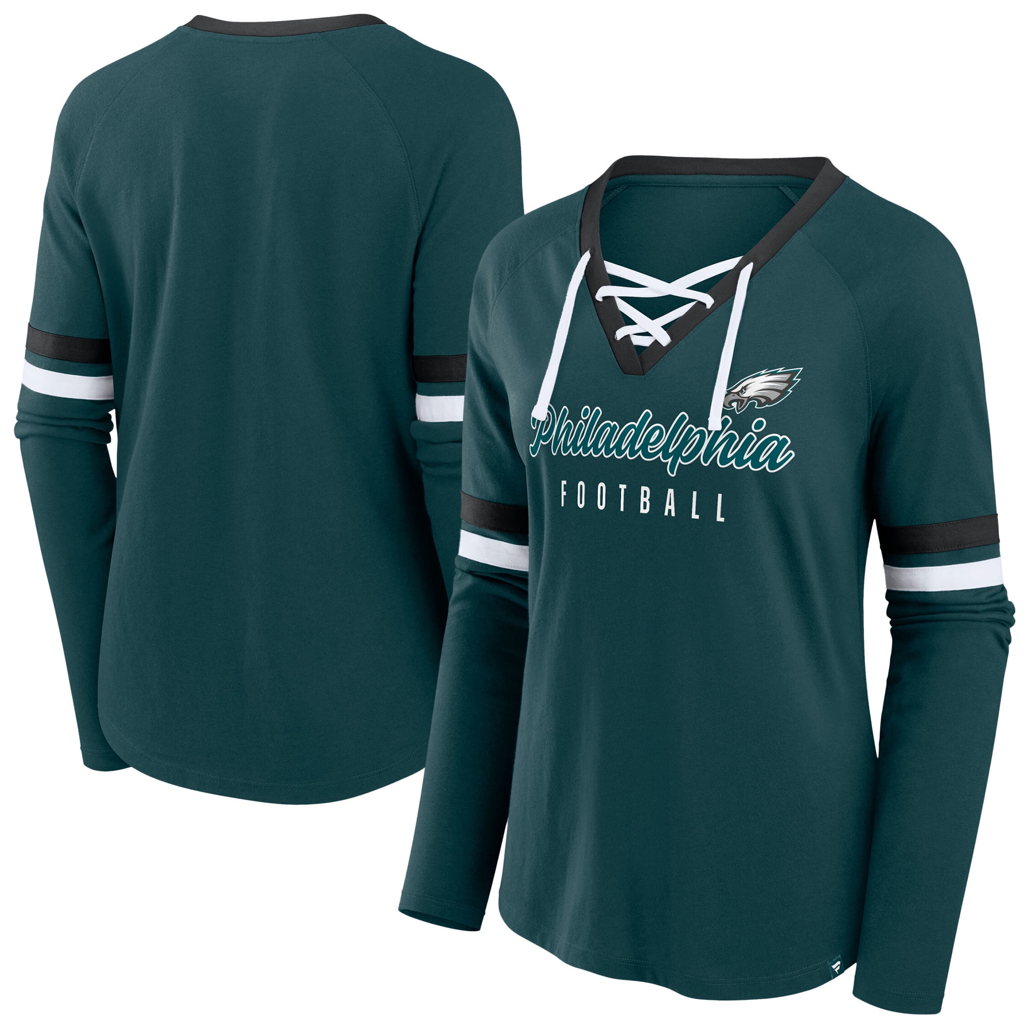 Women's Fanatics Green Philadelphia Eagles Plus Size Won & Done Lace-Up V-Neck Long Sleeve T ...