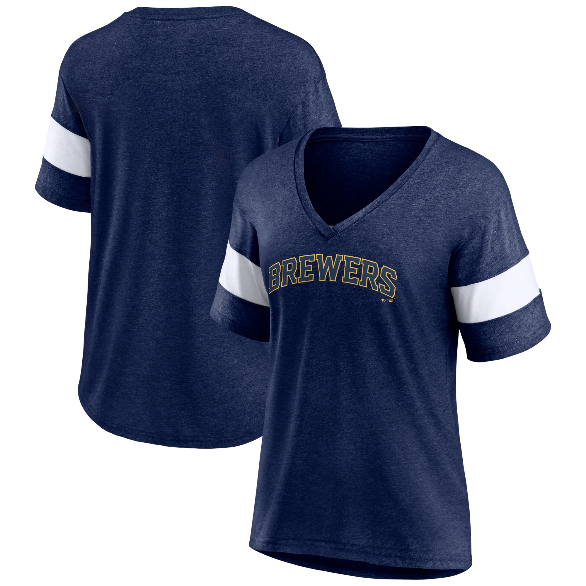 Women's Fanatics Heathered Navy Milwaukee Brewers Wordmark V-Neck Tri ...