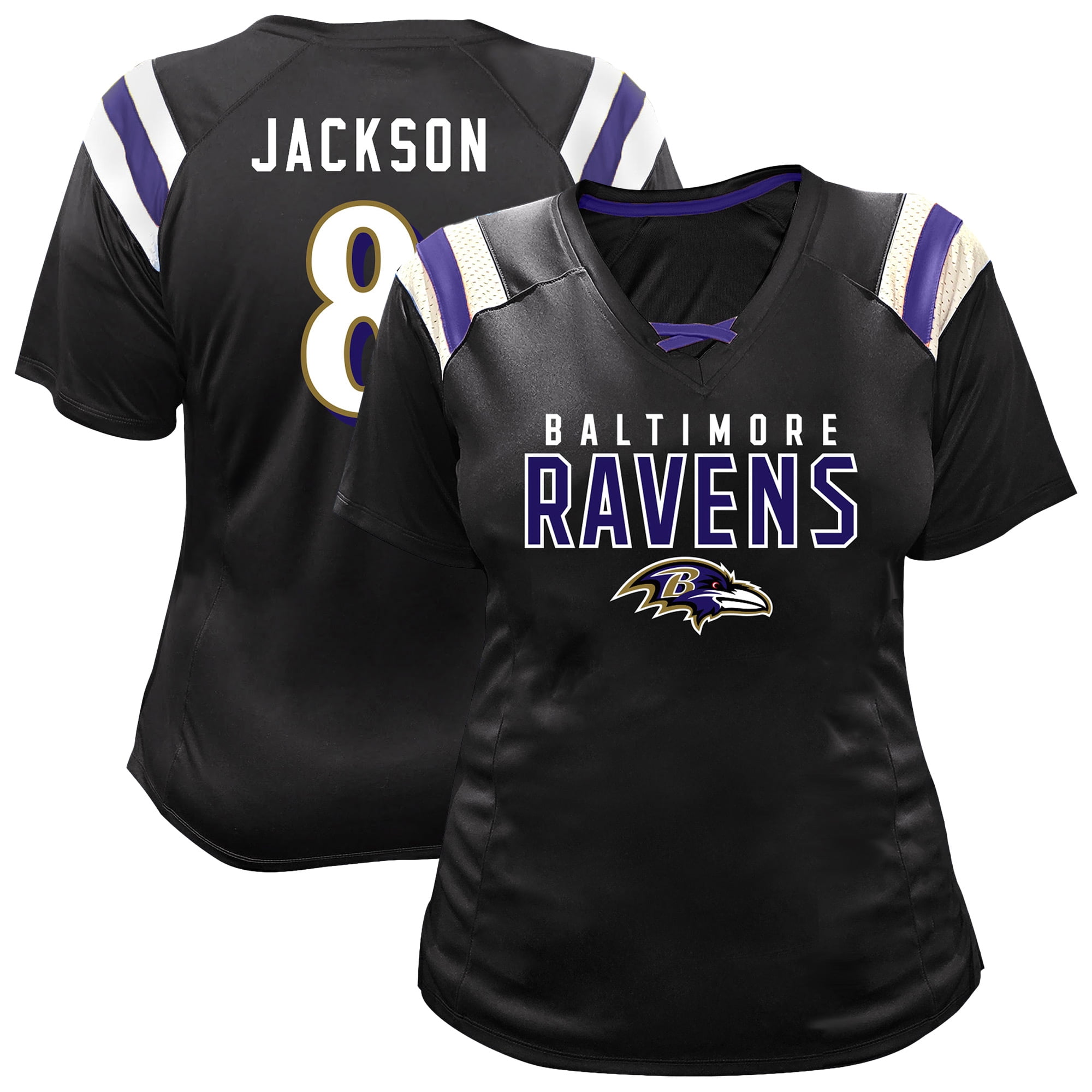 Women's Fanatics Lamar Jackson Black Baltimore Ravens Plus Size Name & Number Raglan Lace V-Neck ...