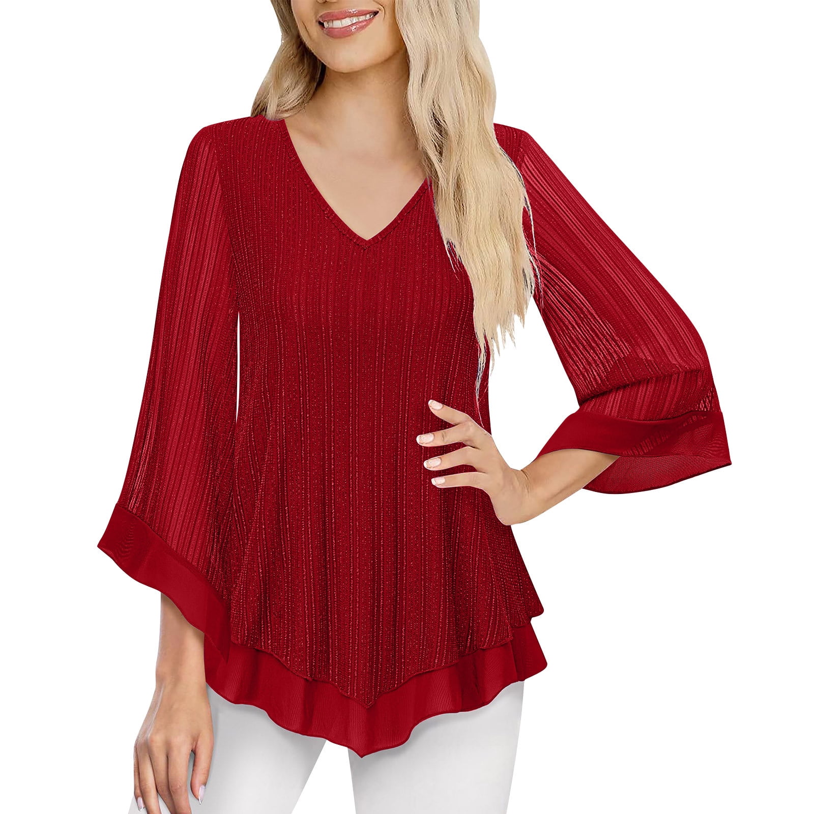 Women's Fancy Blouses Double Layers Mesh Dressy Tops 3/4 Ruffle Bell ...