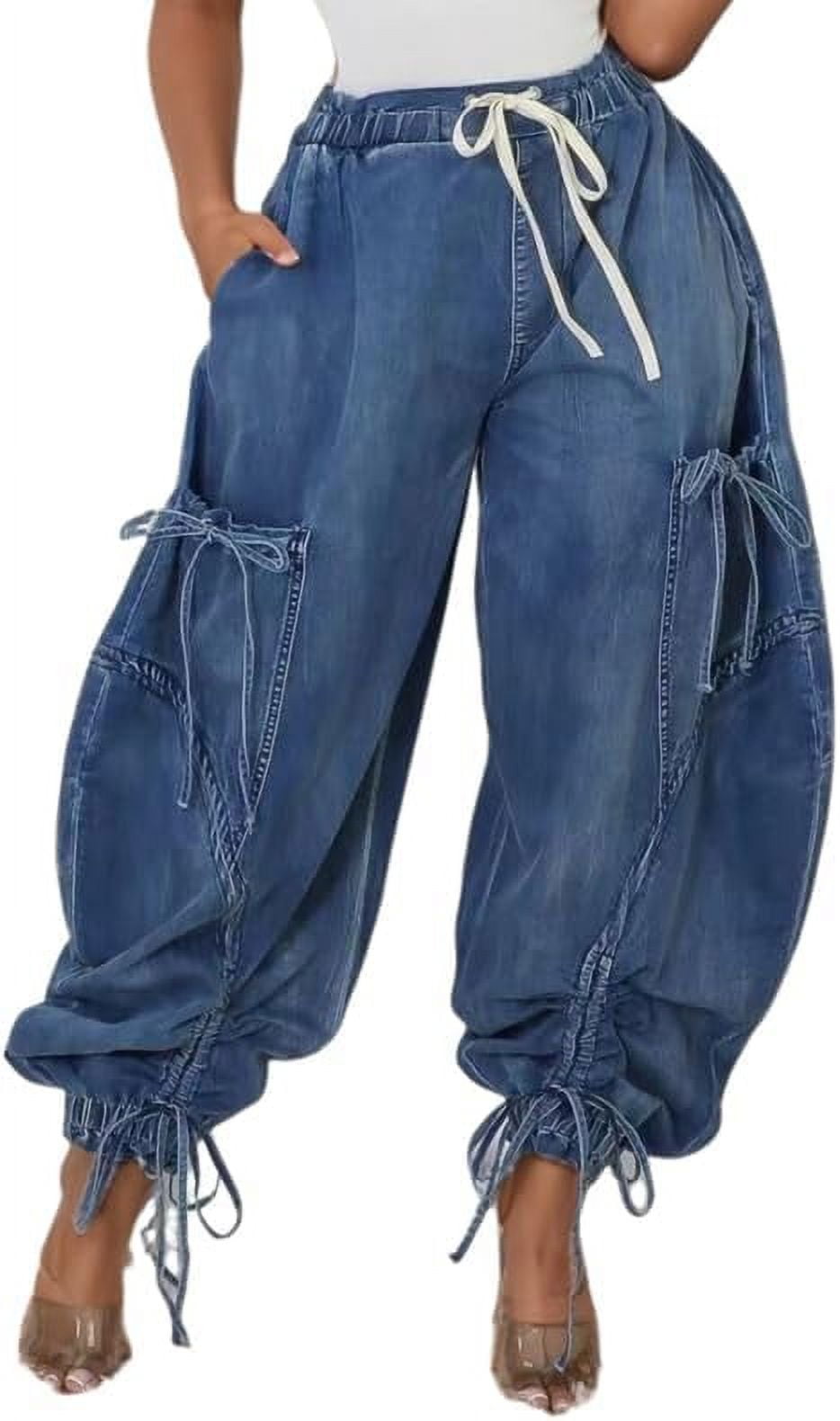Women's Fashion Baggy Cargo Jeans,Drawstring High Waist Loose Harem ...