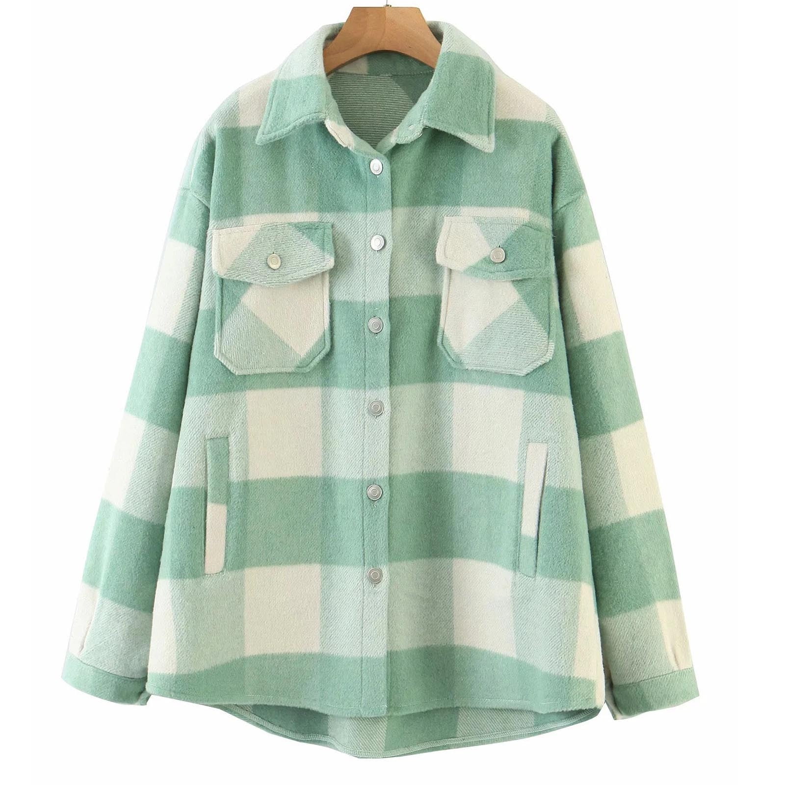 Women's Fashion Casual Brushed Top Lapel Pocket Single Breasted Check ...