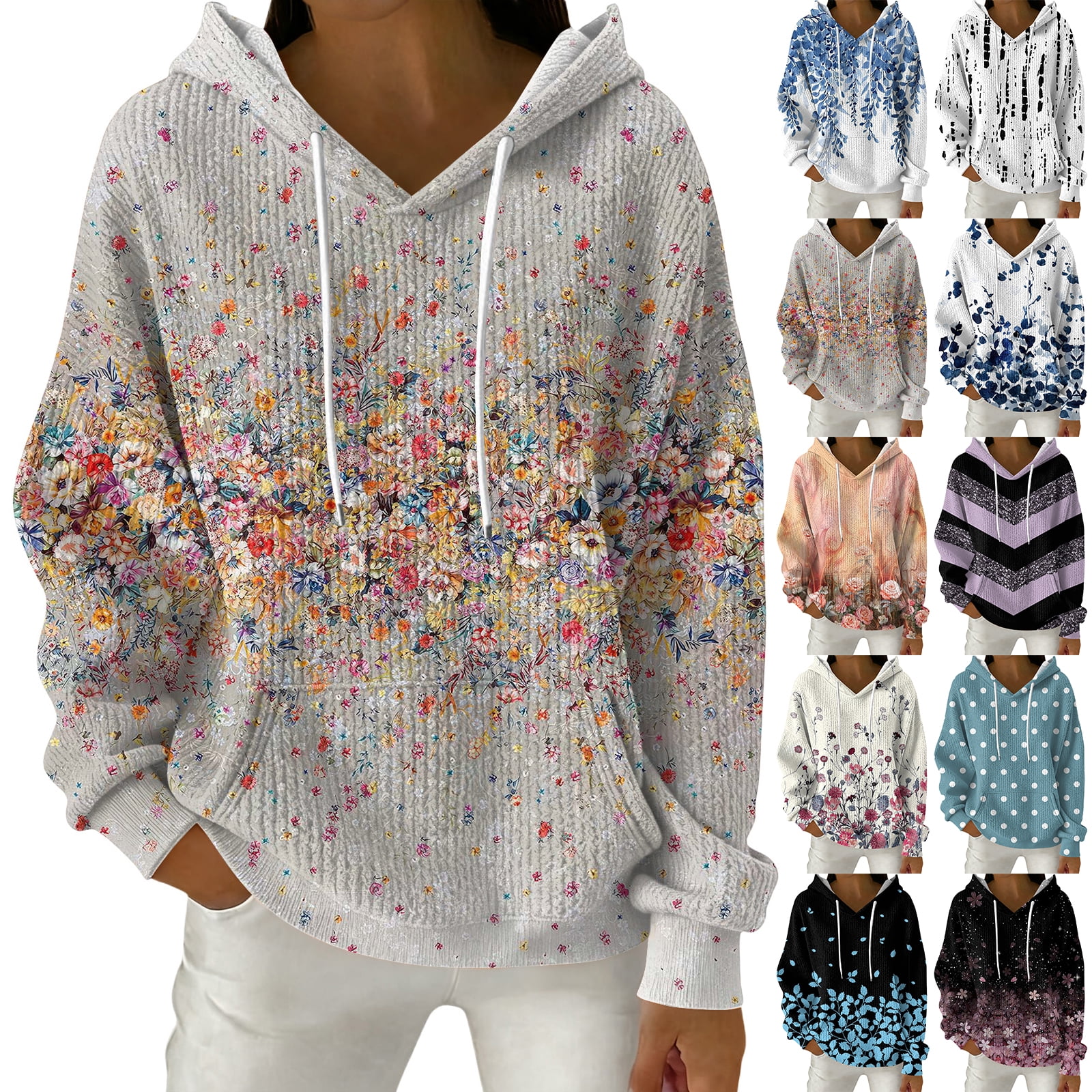 Women's Fashion Casual Floral Print Pullover Long-Sleeve Hooded ...