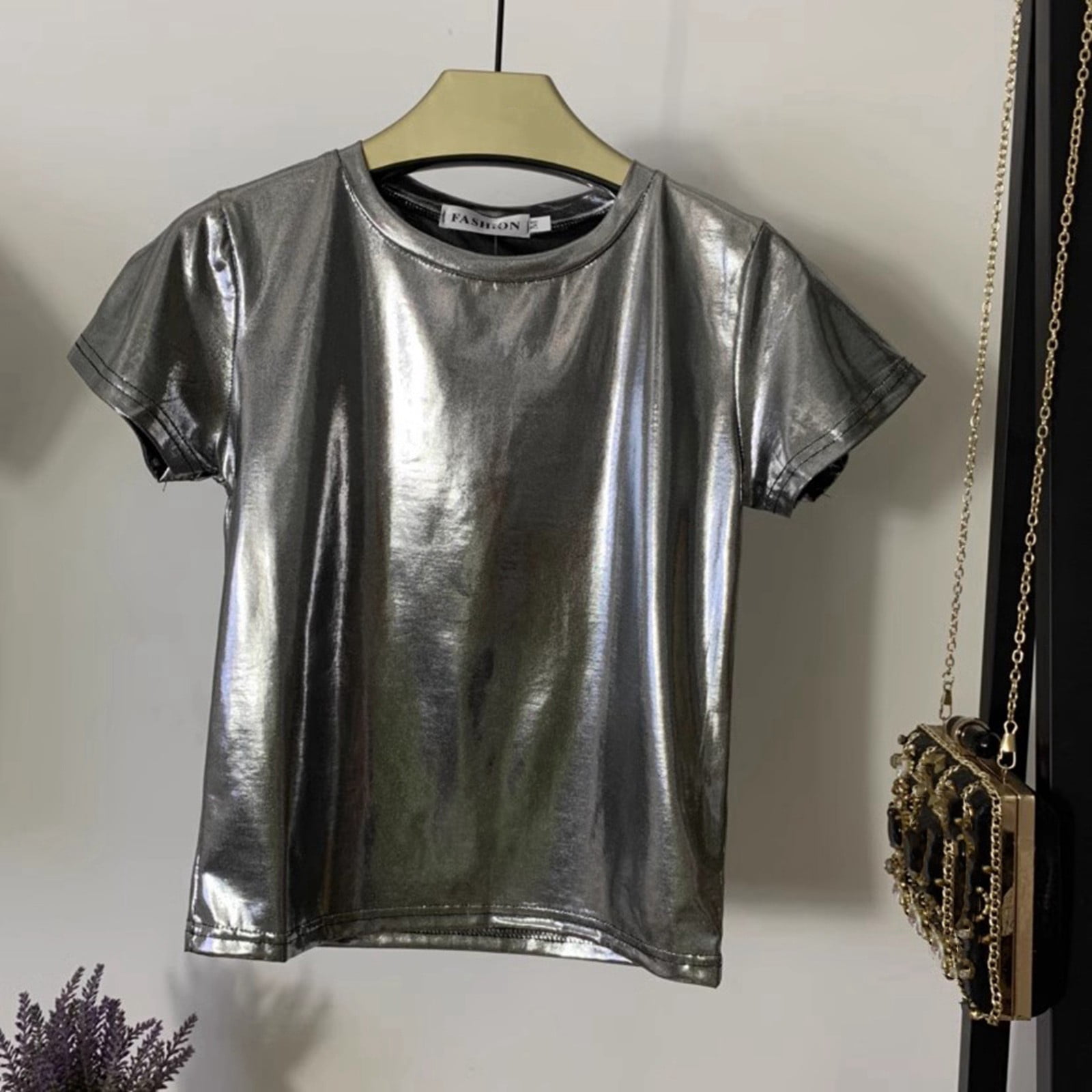 Women's Fashion Casual Round Neck Solid Color Bright Face Short Sleeved ...