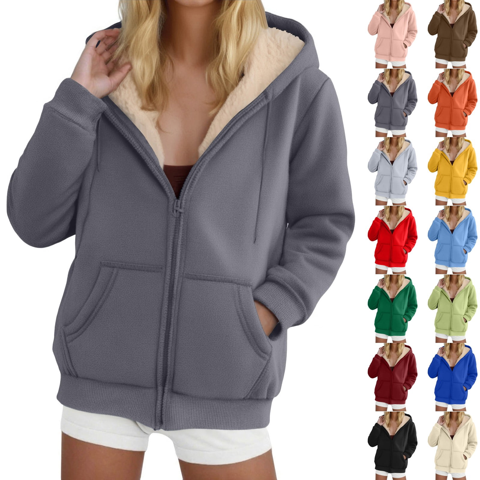 Women's Fashion Casual Solid Color Sweatshirt Loose Zipper Cardigan ...