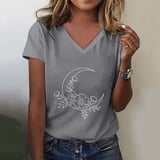 Women's Fashion Casual V Neck Floral Moon Print Top Short Sleeve T ...