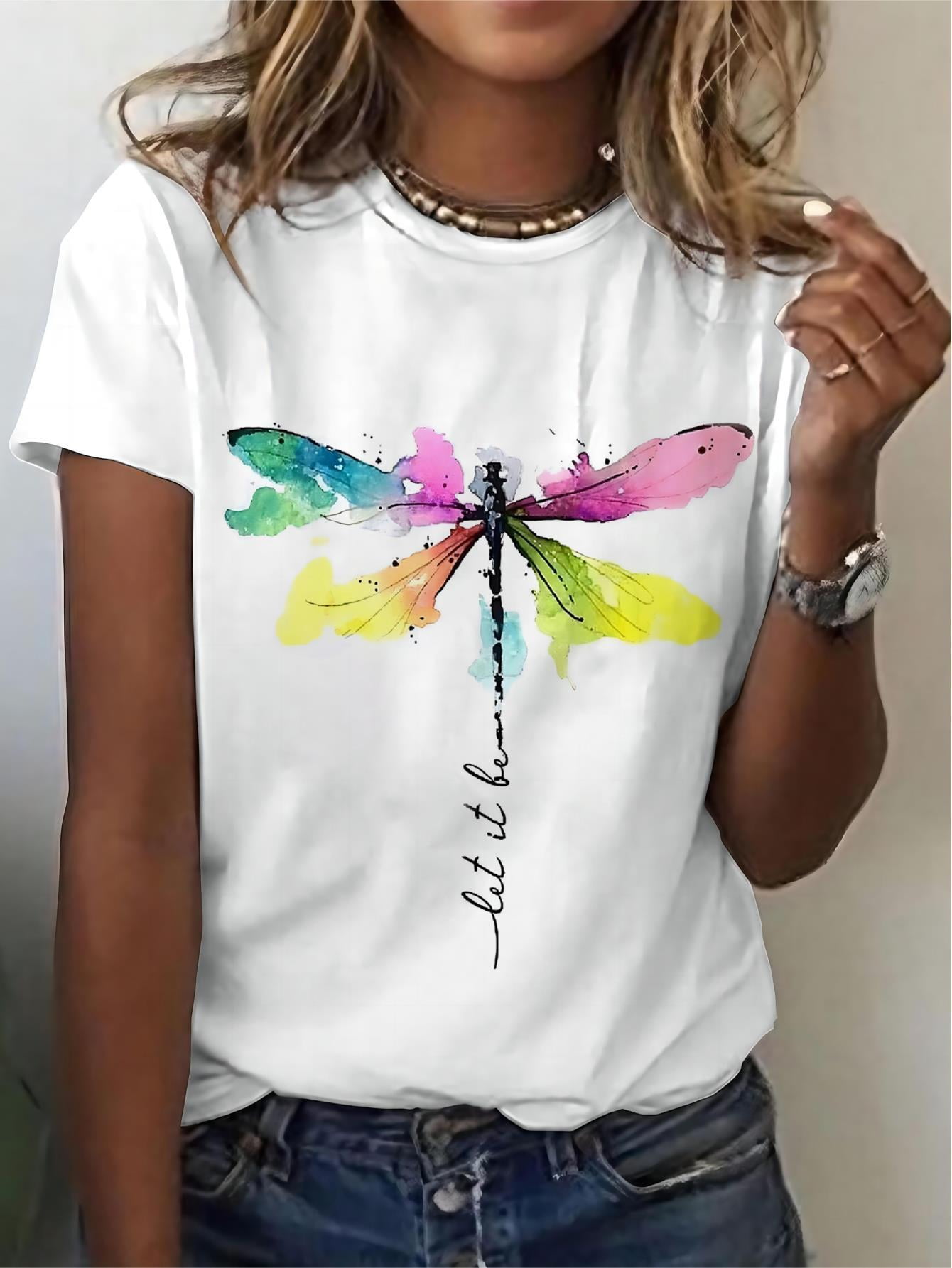 Women's Fashion Casual White Tee, Dragonfly Art With Inspirational ...