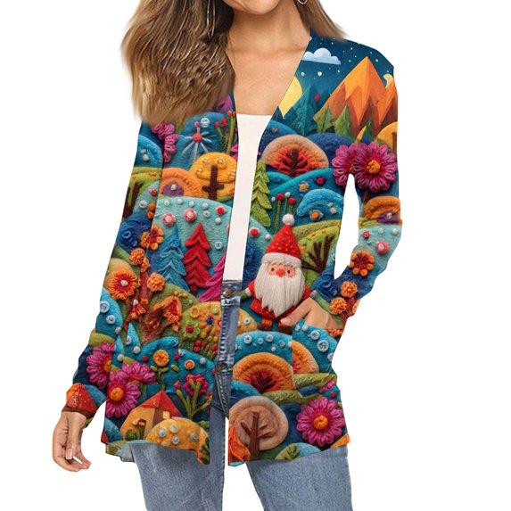 Women's Fashion Christmas Print Long-Sleeved Pocketed Slim-Fit Cardigan ...