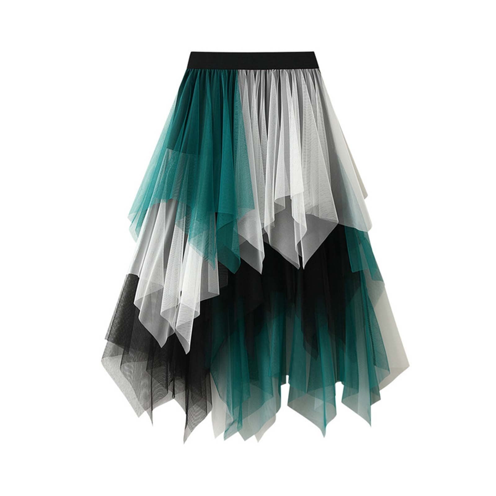 Womens Fashion Color Mesh Multi Layer Elastic Waist Midi Skirt