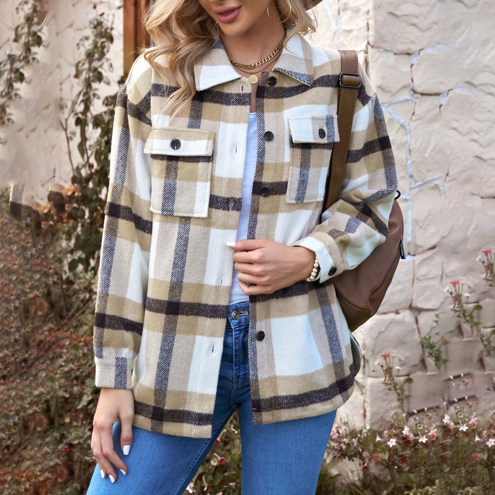 Women's Fashion Flannel Plaid Shacket Shirt Long Sleeve Button Shirts ...