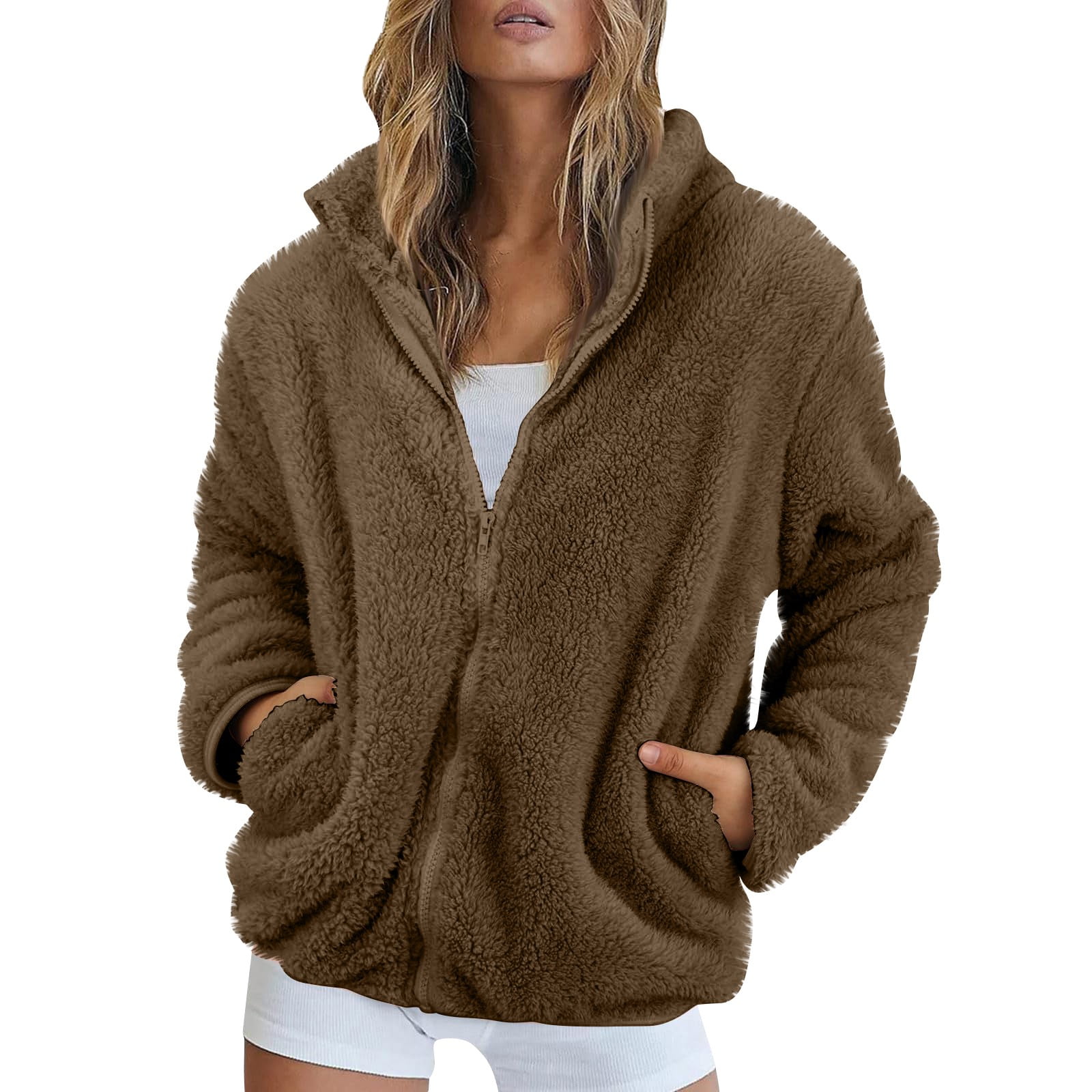 Women's Fashion Fleece Coats Casual Long Sleeve High Neck Full Zip Coat ...