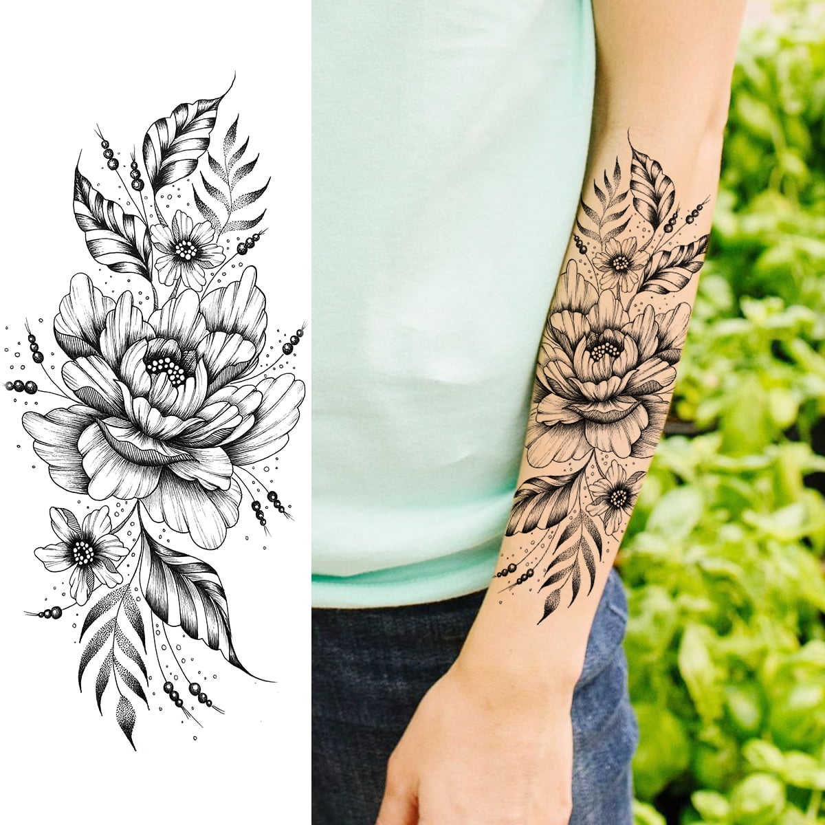 Women's Fashion Flower Temporary Tattoos Sticker Fake Rose Feather ...