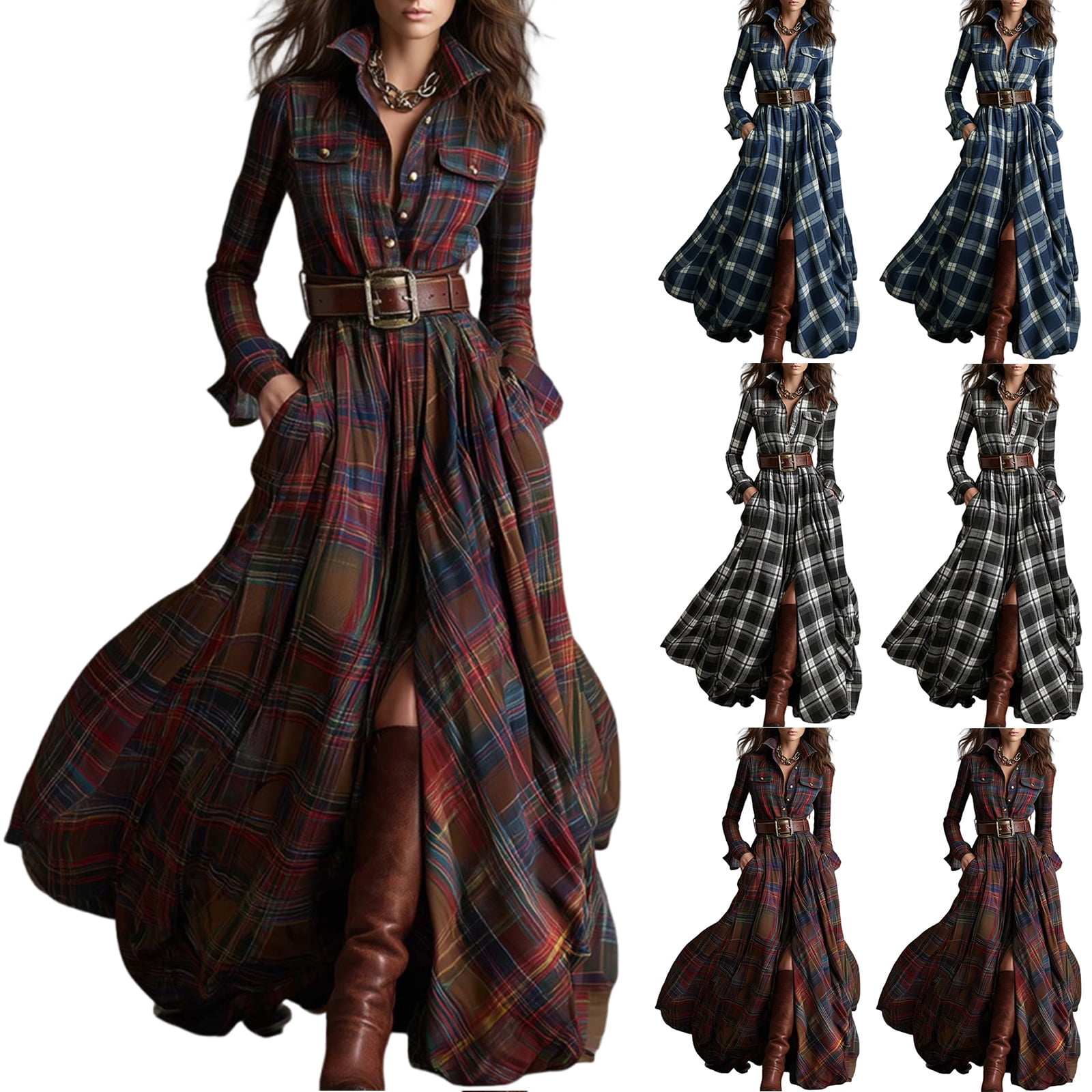Women's Fashion French Vintage Check Waist-Cinching Slimming ...
