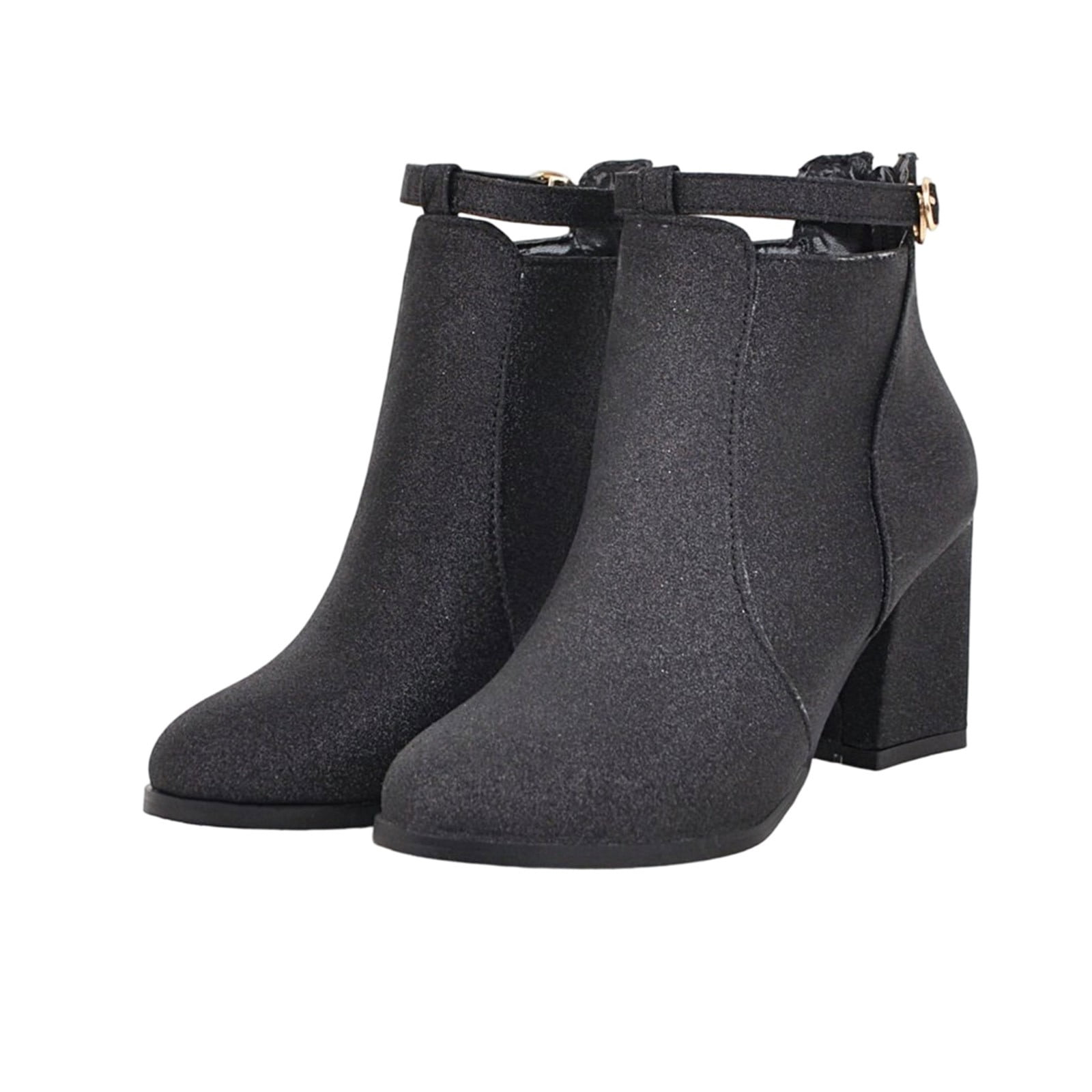 Women's Fashion Glitter Dressy Ankle Boots Round Toe Buckle Zip Chunky ...