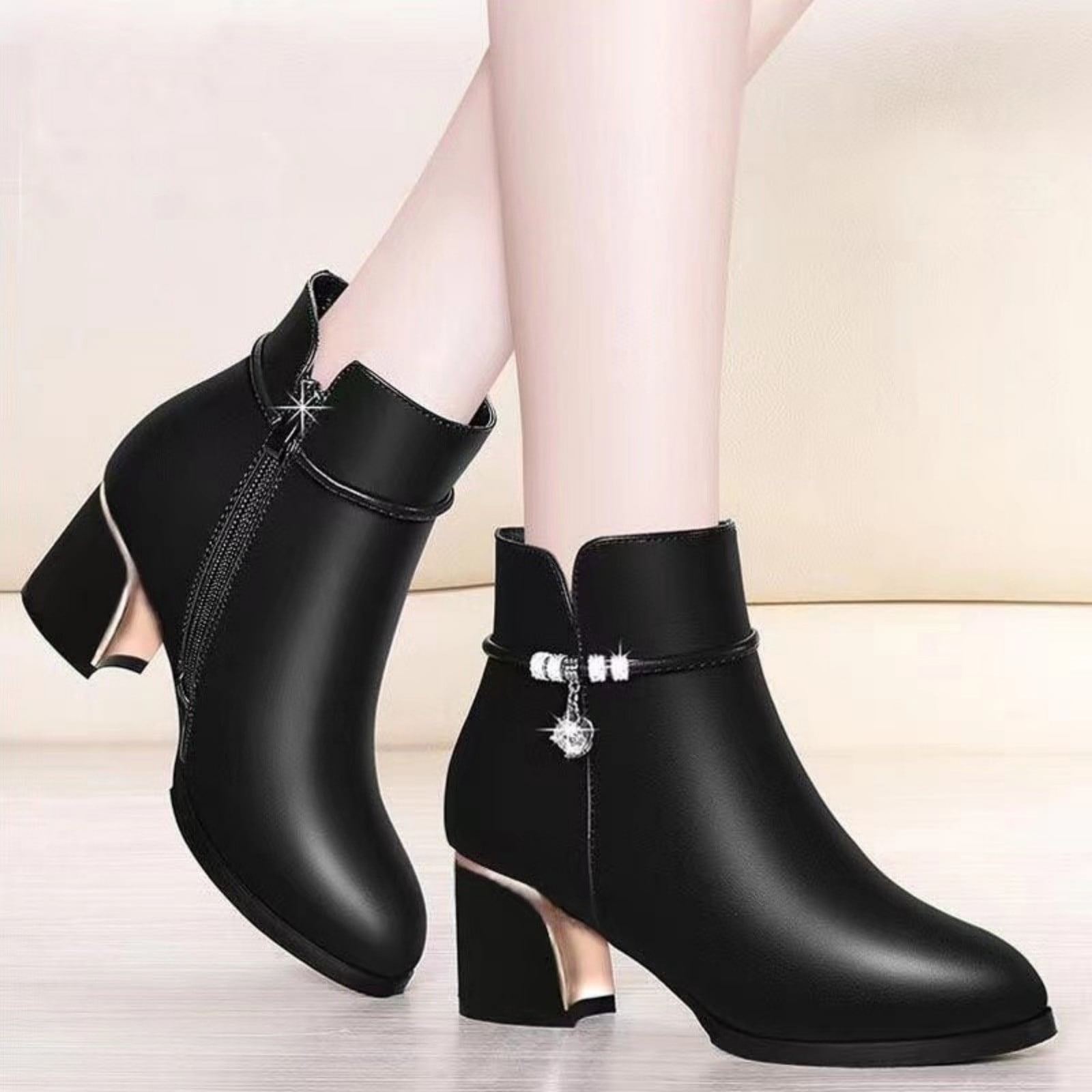 Women's Fashion Glitter Dressy Ankle Boots Round Toe Side Zipper Chunky ...