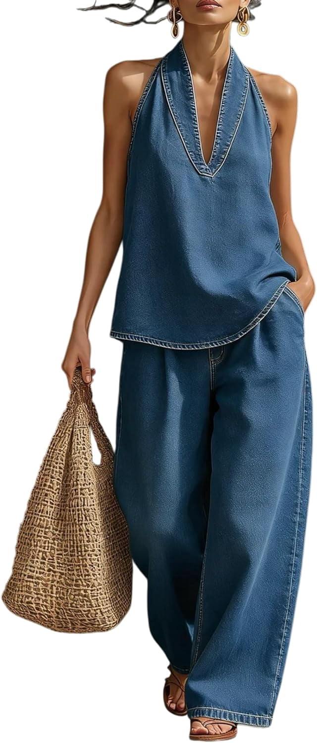 Women's Fashion Halter Denim Sets, Cozy Minimalist Two-Piece Denim Set ...