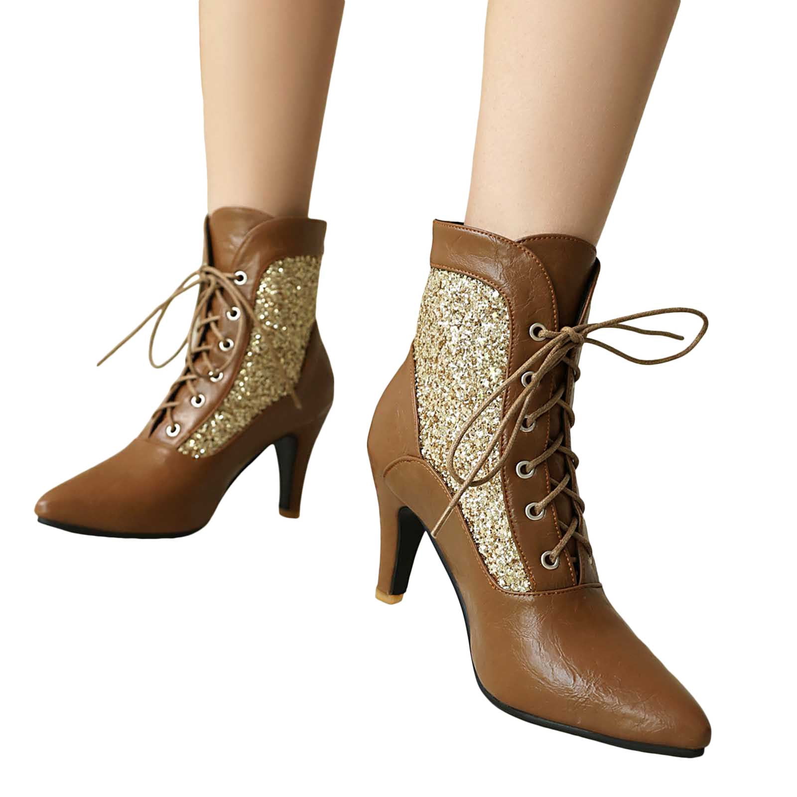 Women's Fashion Kitten Heel Lace Up Ankle Boots Pointed Toe Glitter ...