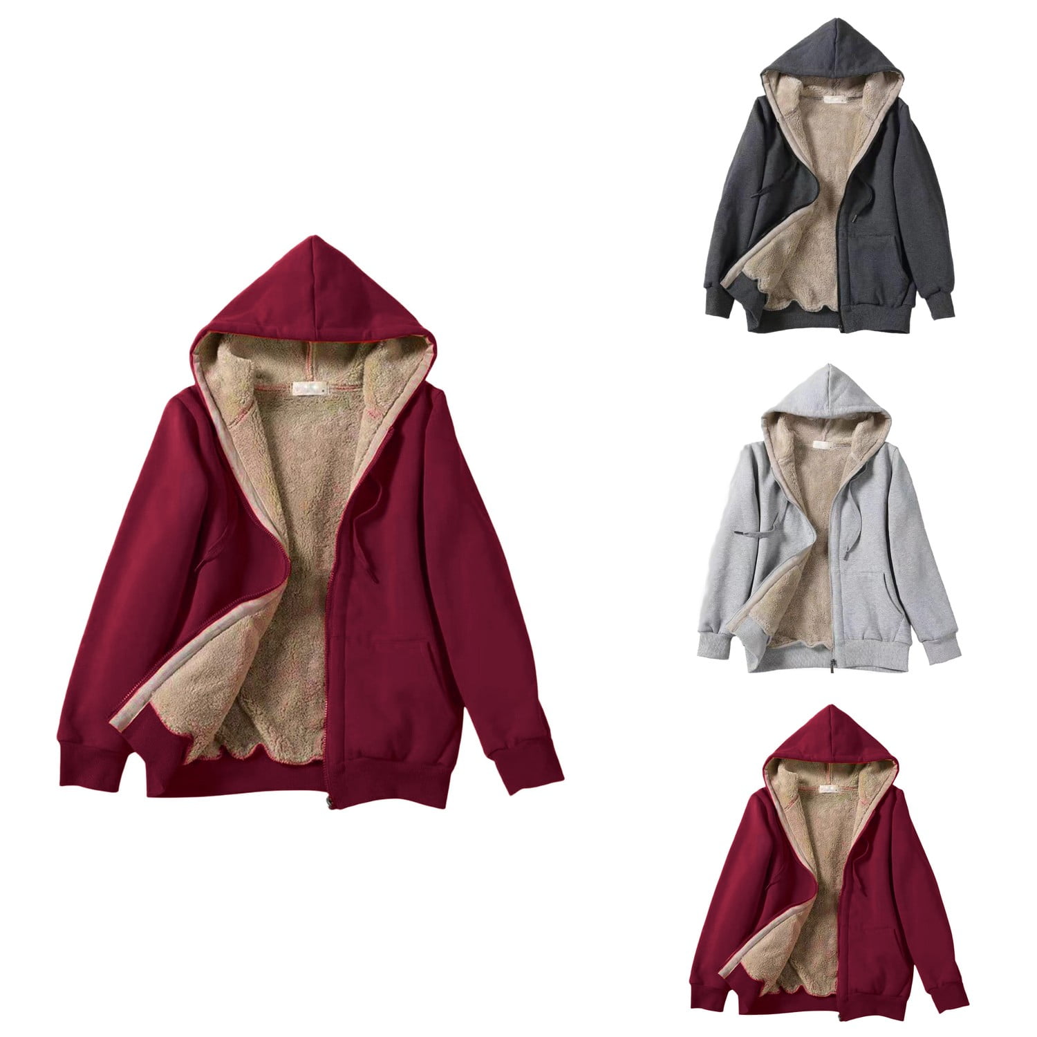 Women's Fashion Long Sleeve Zipper Hooded Plush Coat, Full-Zip Sherpa ...