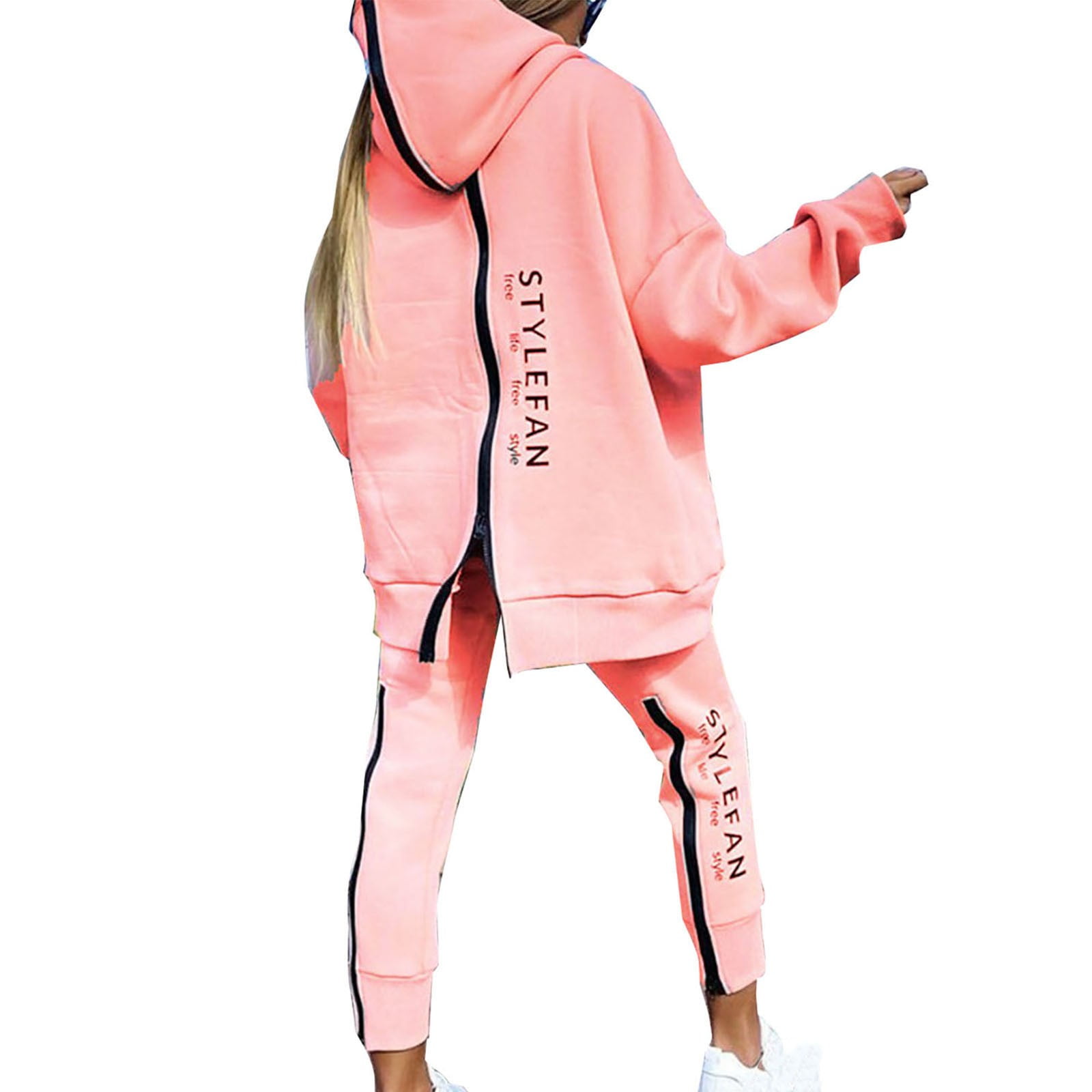 Womens Fashion Long Zipper Front And Back Wearing Letter Printing Loose Long Sweater Pants Set