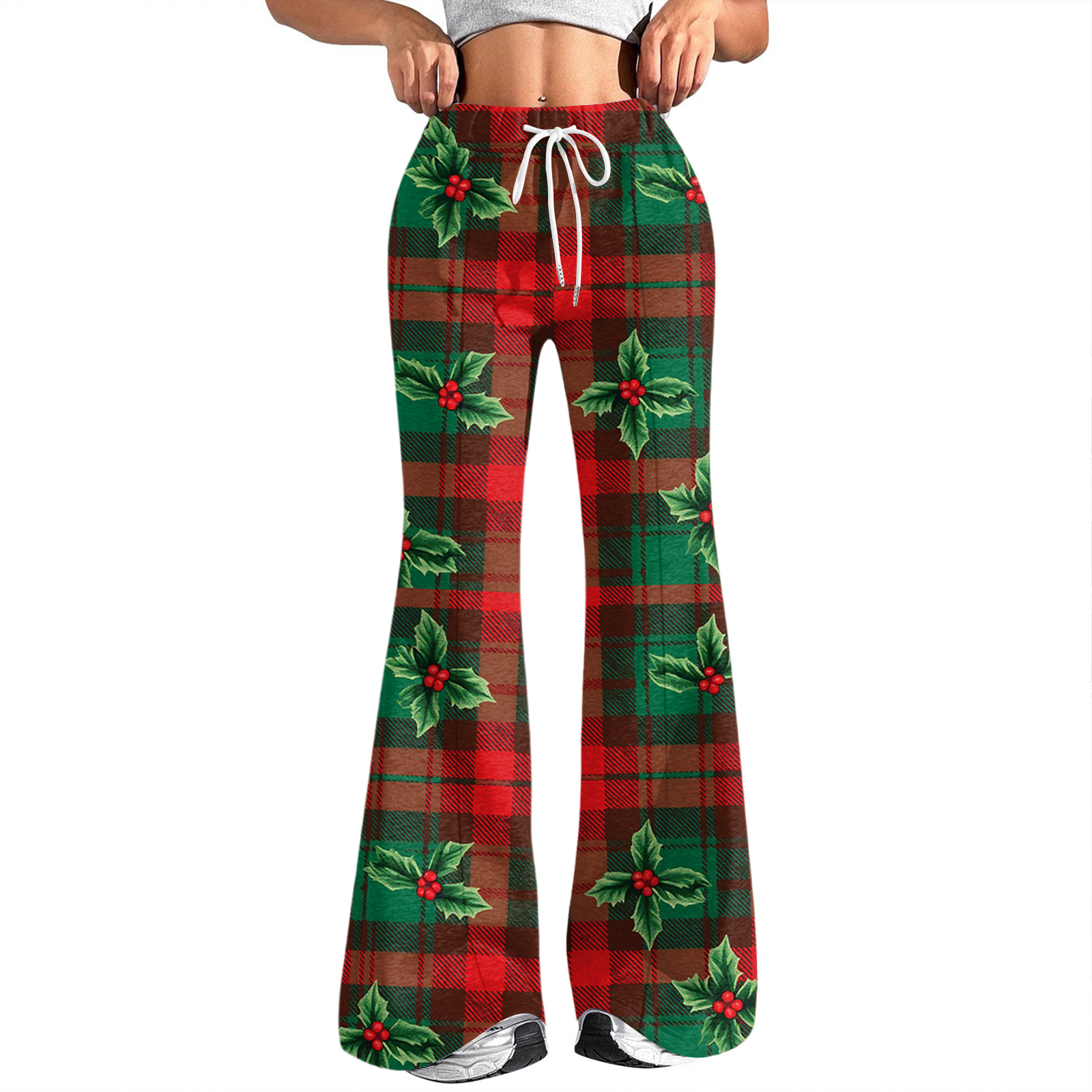 Women's Fashion Loose Drawstring Waist Christmas Plaid Printed Casual ...