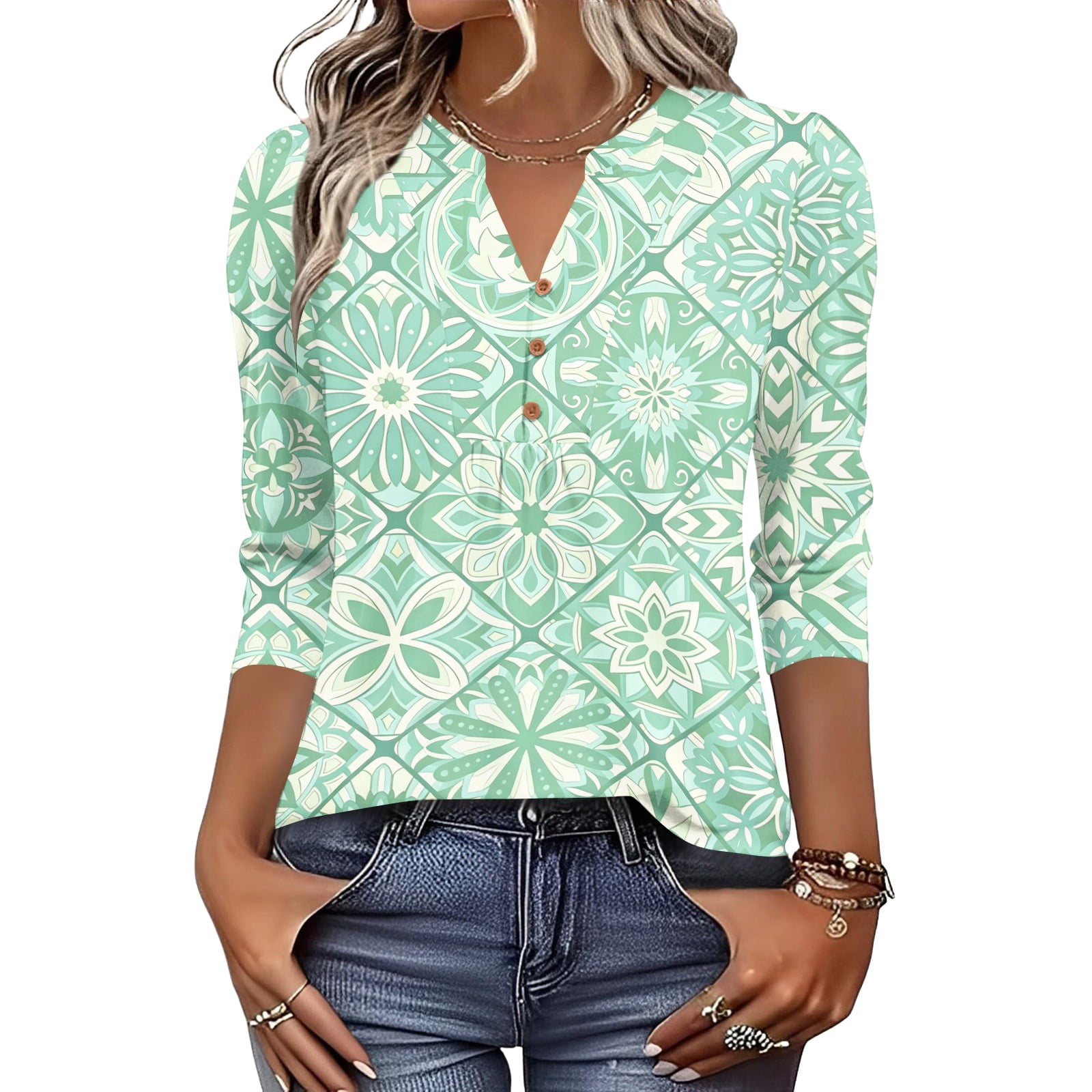 Women’s Fashion Loose Fit Three Quarter Sleeve Top with Vintage Pattern ...