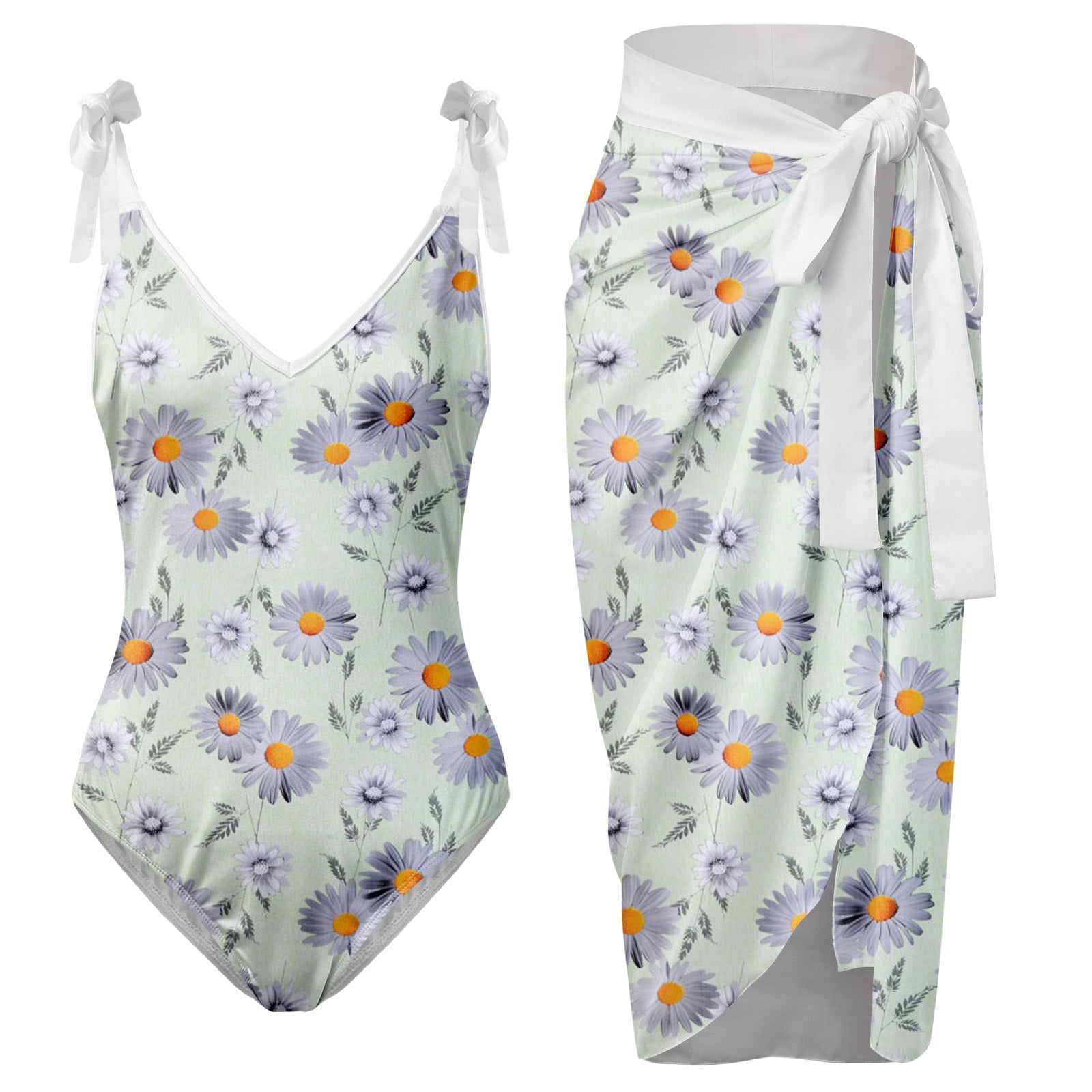 Womens Fashion Monokini Stylish V Neck Flower Printed Skirt Sets Slim