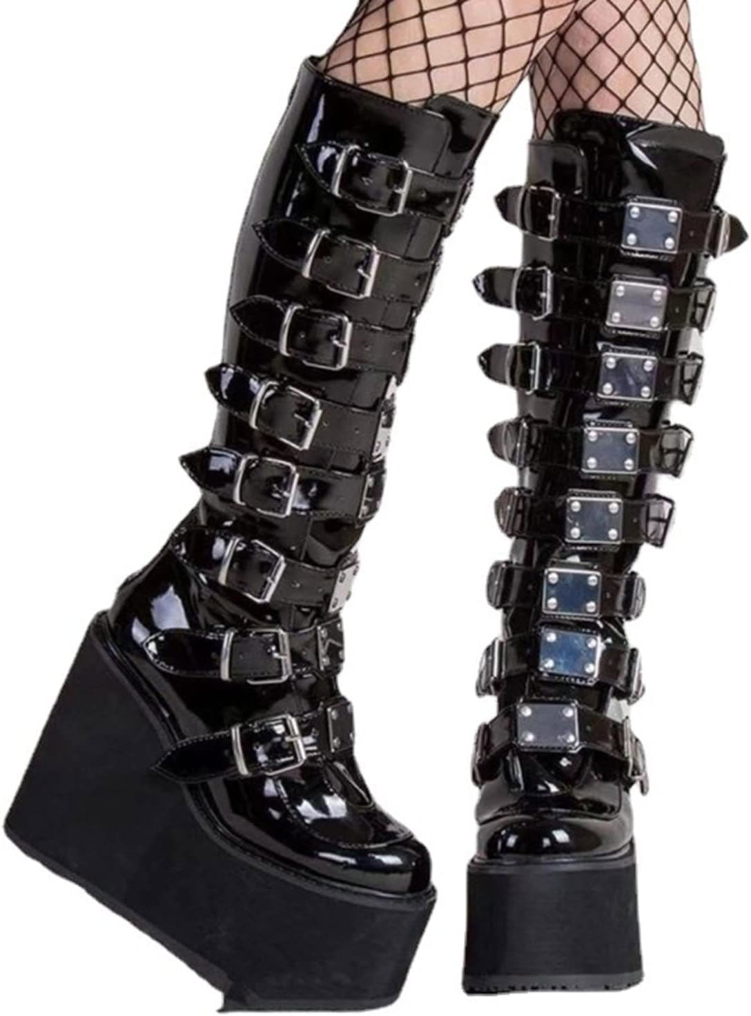 Women's Fashion Platform Punk Goth Mid Calf Boots Rivets Metal ...