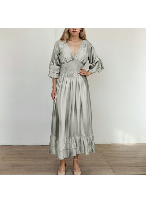 Free Assembly Women's Ruffle Neck Belted Midi Dress with Short Sleeves ...