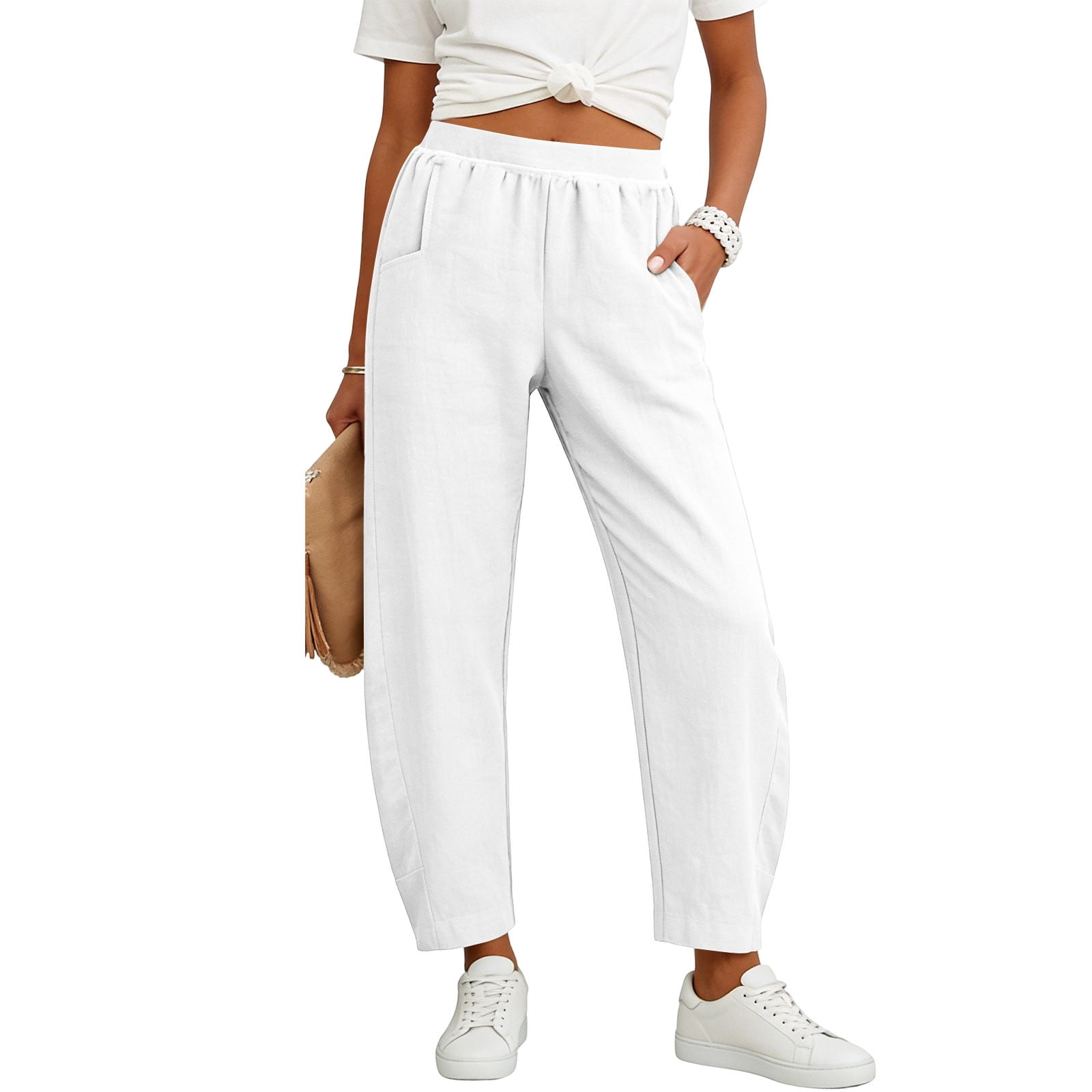 Women's Fashion Solid Color Elastic Waist Casual Pocket Straight Leg ...